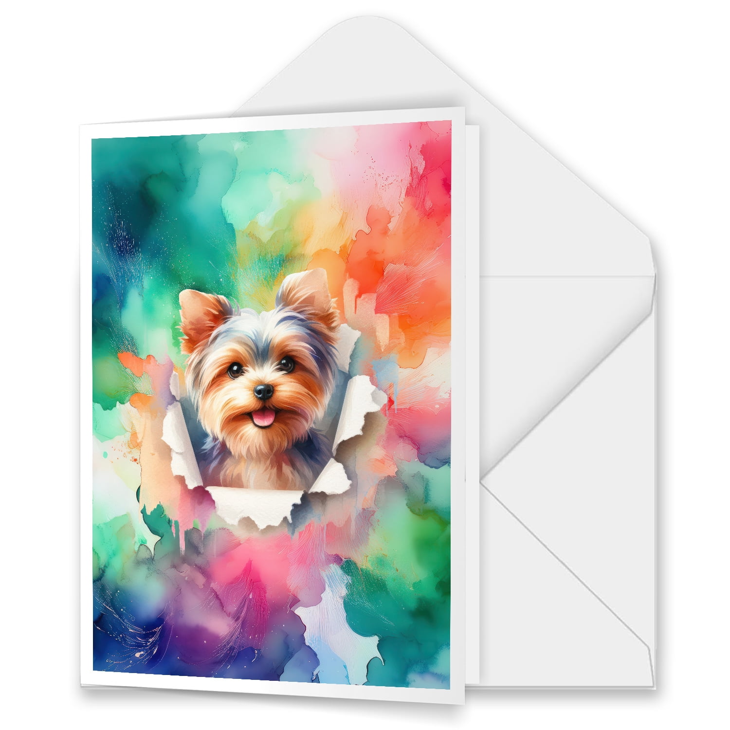 Funny Watercolor Adorable Yorkshire Terrier Peeking Through Torn Paper ...