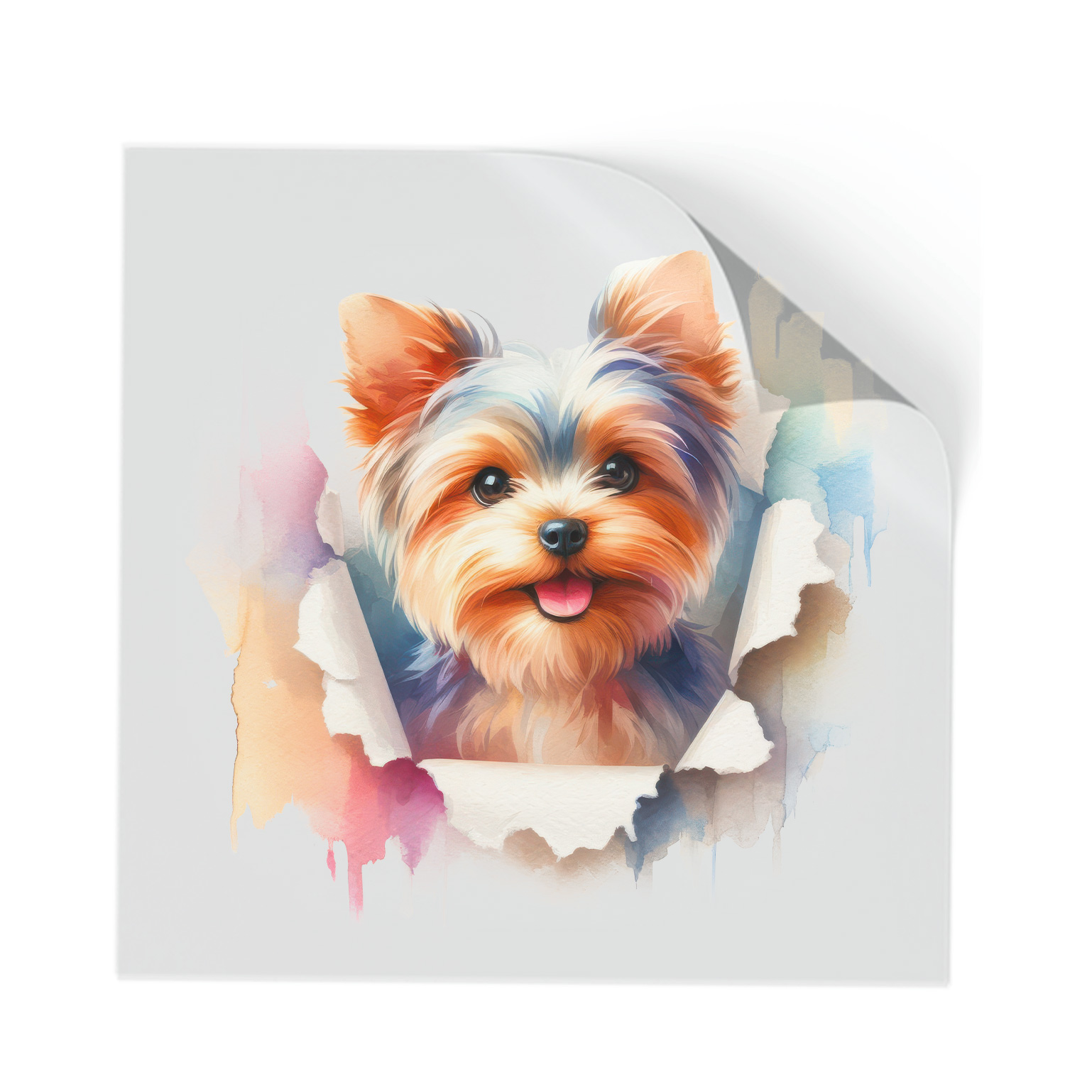 Funny Watercolor Adorable Yorkshire Terrier Peeking Through Torn Paper ...