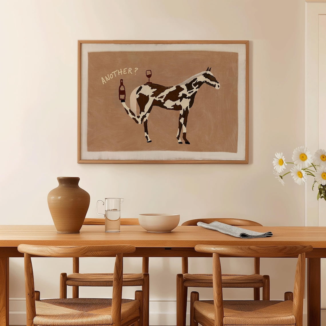 Funny Western Horse Wine Print, Hand Drawn Mid Century Modern Animal ...