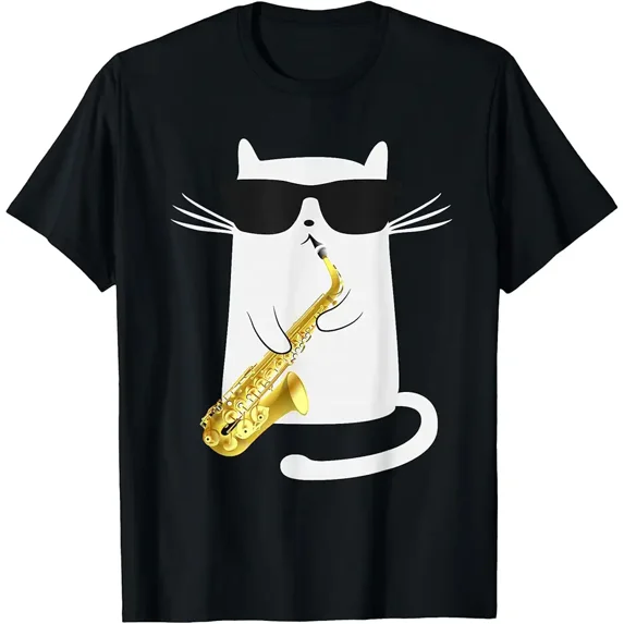 Funny White Cat Saxophone Player Graphic Short Sleeve Unisex T-Shirt ...