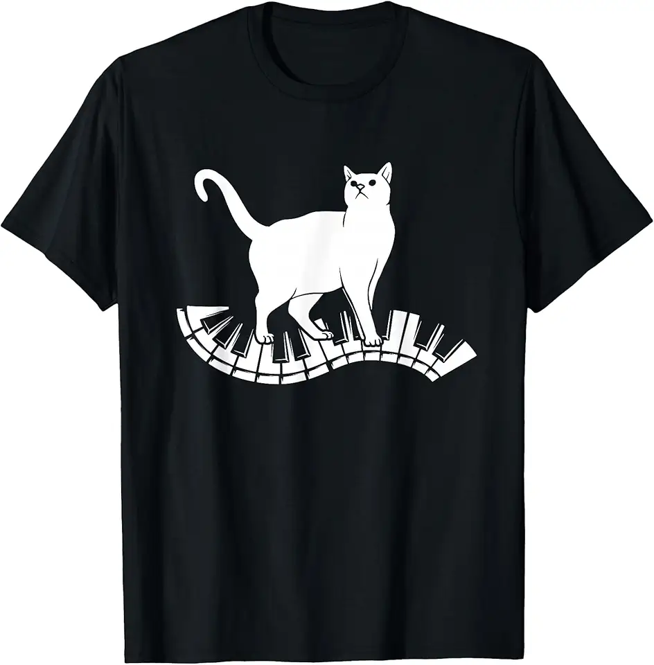 Funny White Cat on Piano Keys Music Lover Graphic Unisex T-Shirt ...