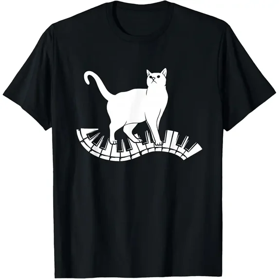 Funny White Cat on Piano Keys Music Lover Graphic Unisex T-Shirt ...