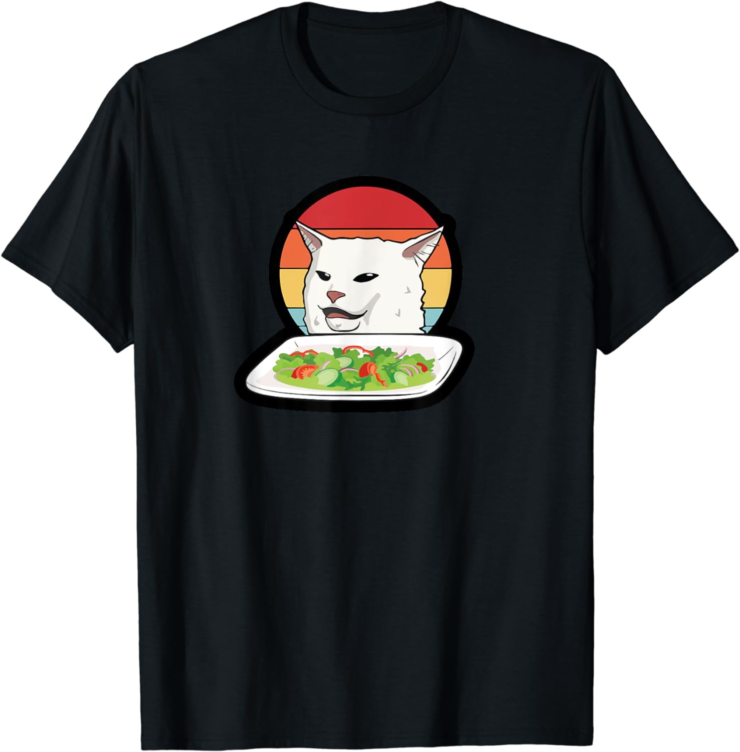 Funny Woman Yelling at Confused Cat Dinner Table Salad Meme T-Shirt ...