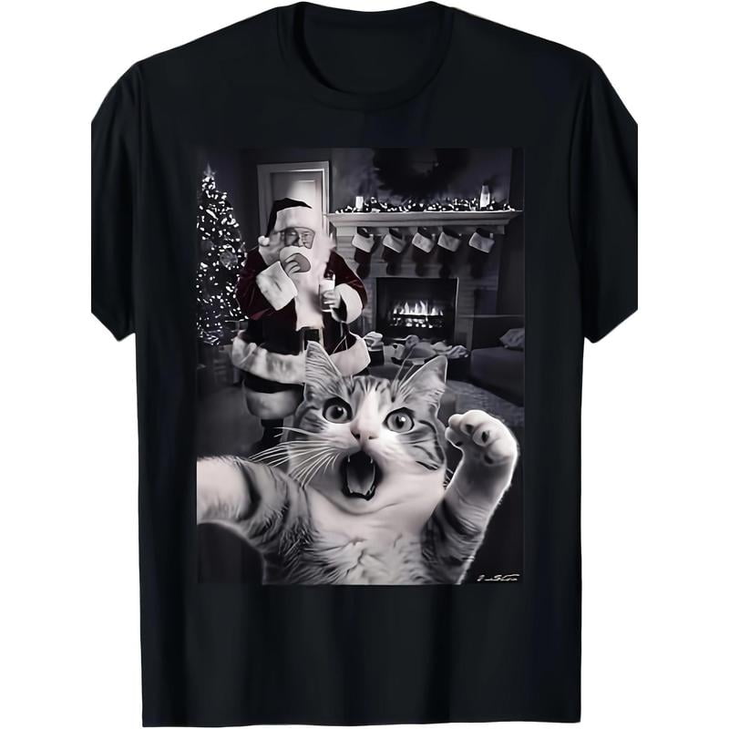 Funny graphic s Funny Cat and Santa Claus Self-Portrait Christmas . 100% Cotton. 220G Unisex ...