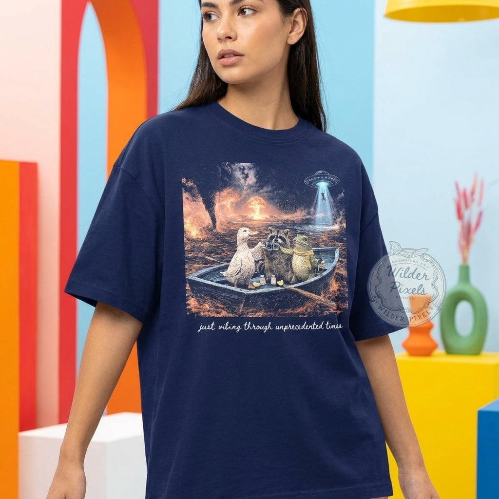 Funny "just vibing through unprecedented times" Cowboy Frog Tshirt ...