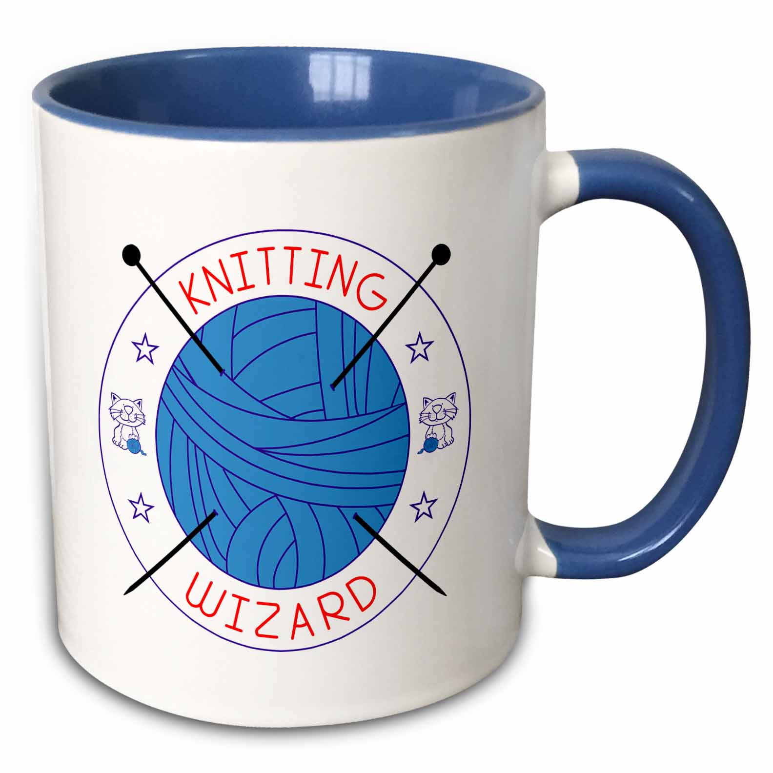 Funny knitting wizard badge with blue yarn, crossed sticks and cats ...