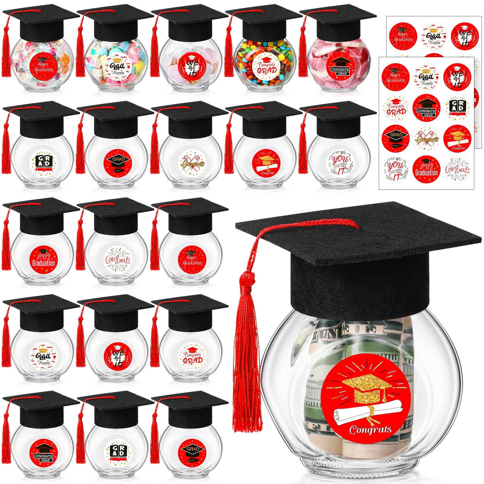 Funnymoom 20 Sets Glass Graduation Candy Gifts Glass Jar with Cap and ...