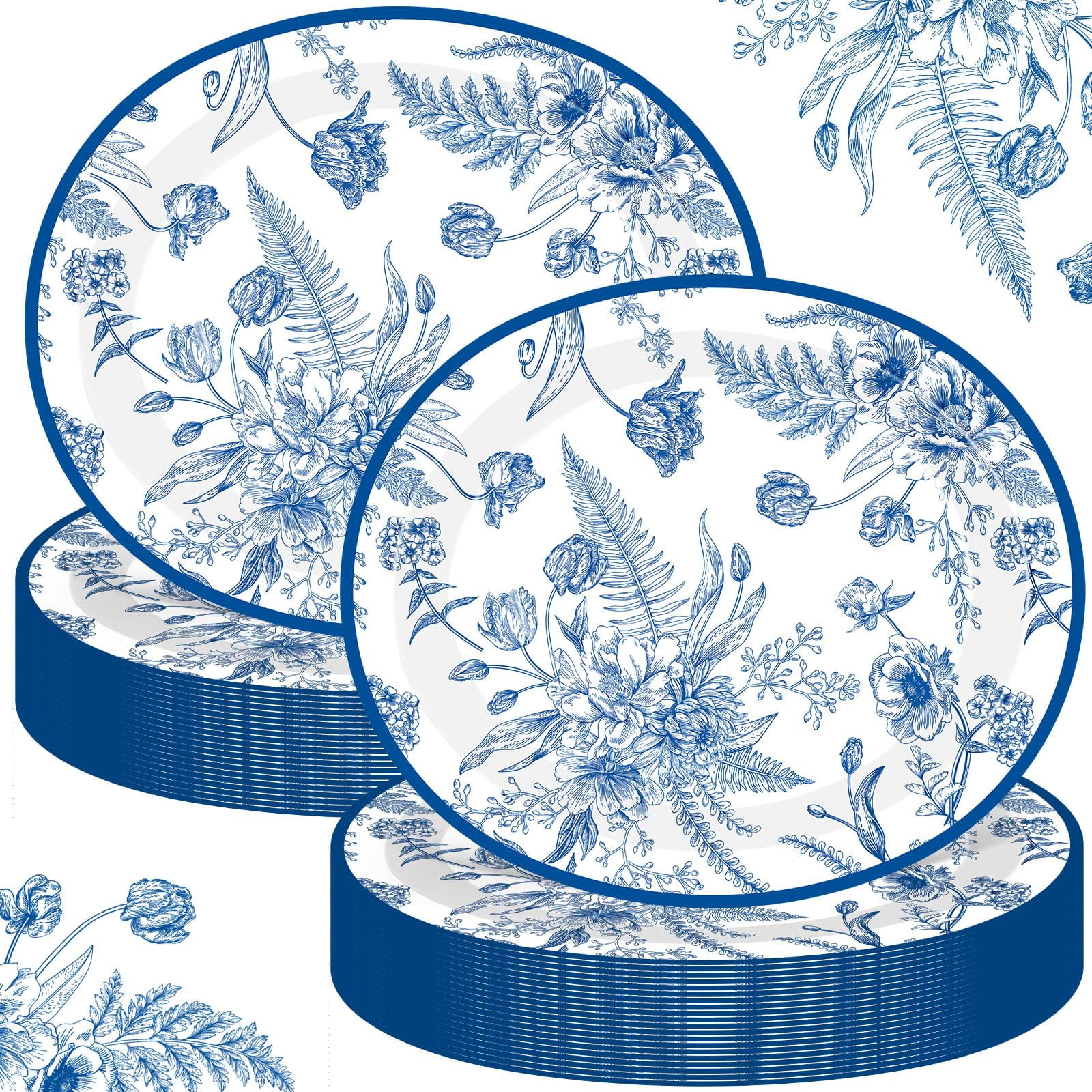 Funnymoom 50 Pcs Blue KEF16 Floral Oval Paper Plates for Baby Bridal ...