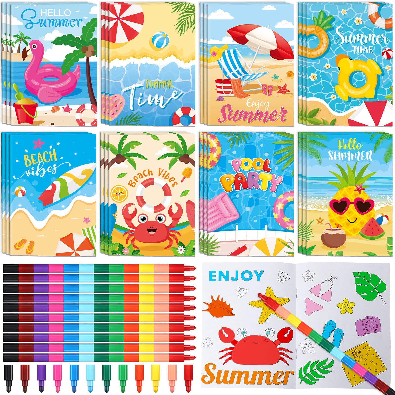 Funrous 24 Set Summer Beach Coloring Books Crayons Pool Party Favors ...
