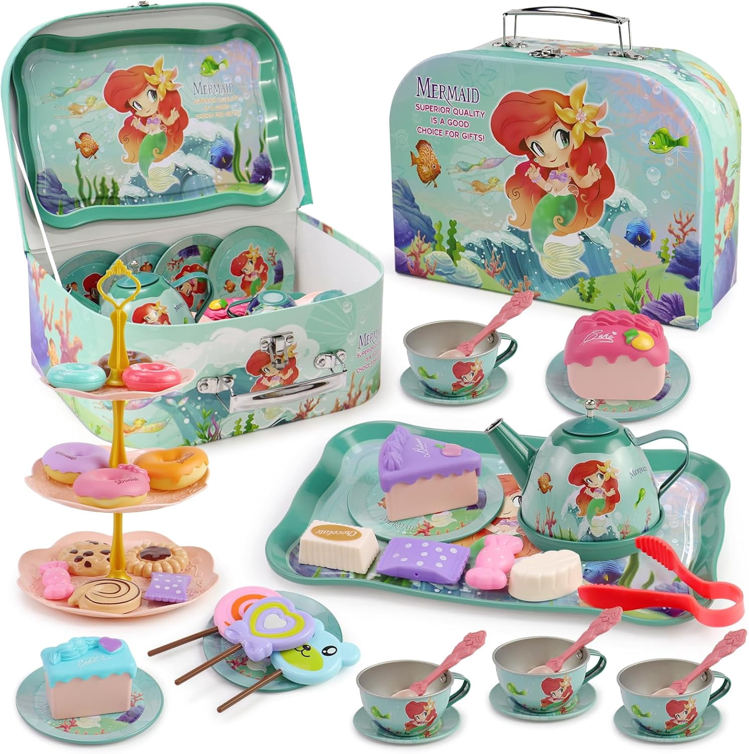 Funtogether Toys 48-Piece Mermaid Kids Tea Party Set with Carrying Case ...