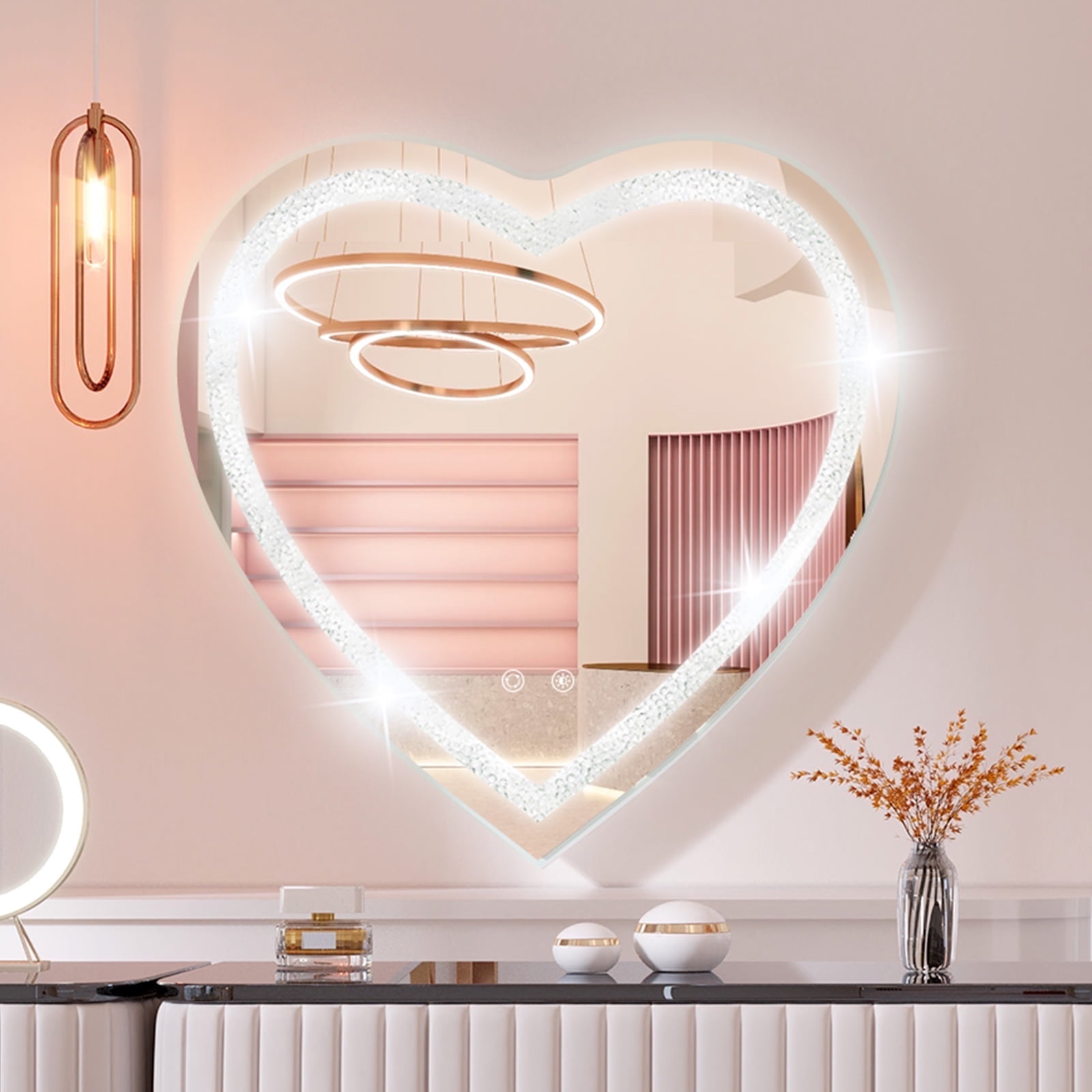 Funtouch LED Heart Mirror Crushed Diamond 28"x28", Heart Shaped Mirror ...