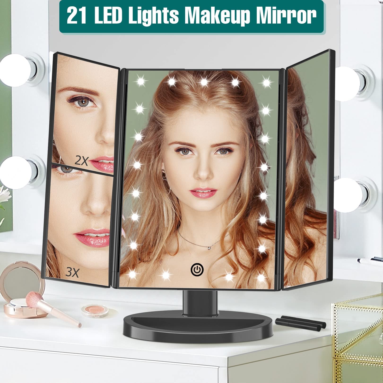Funtouch Tri-Fold Makeup Mirror, 1X/2X/3X Magnification, Dimmable LED ...