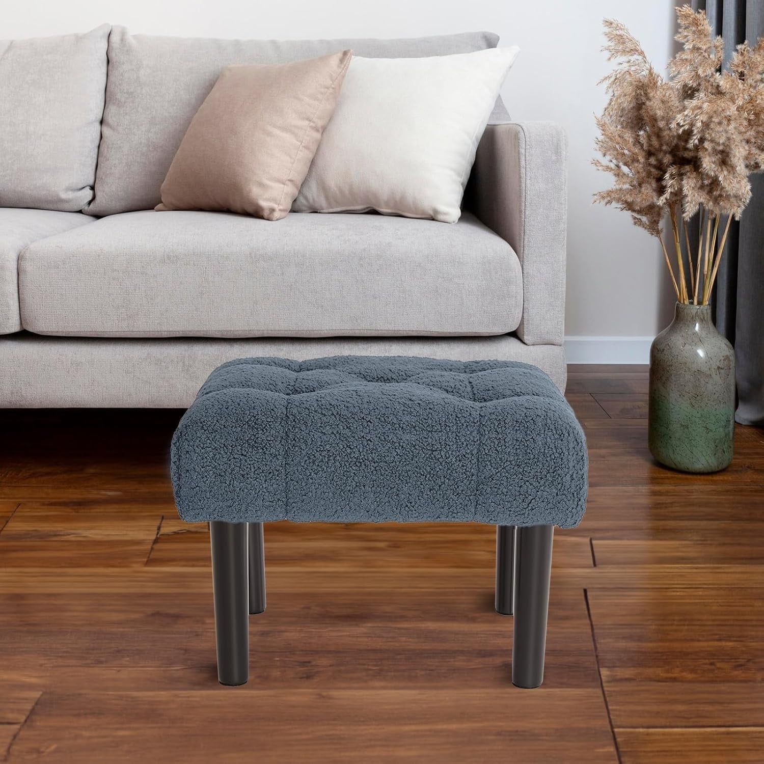 Fur Padded Foot Stool, Small Ottoman Foot Rest with Wooden Legs,Modern ...