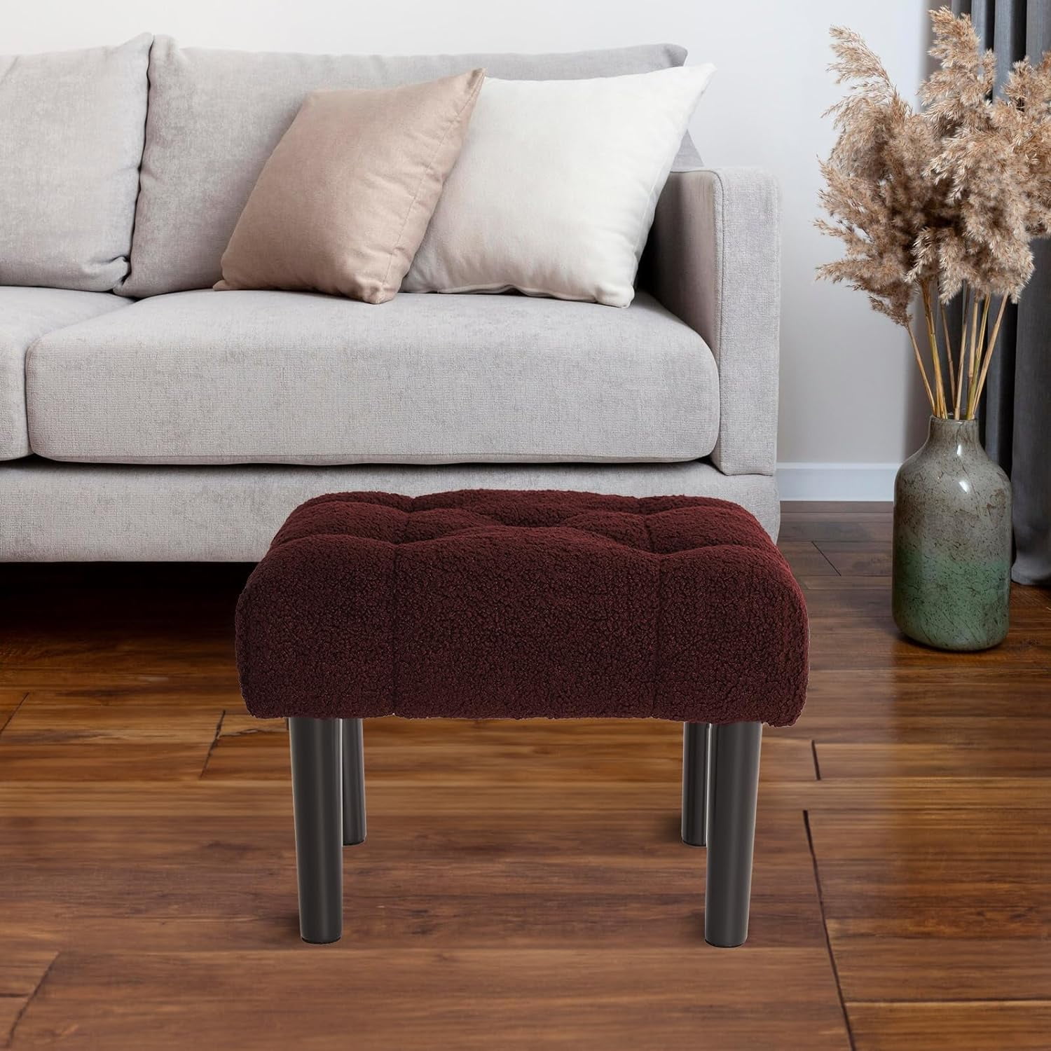 Fur Padded Foot Stool, Small Ottoman Foot Rest with Wooden Legs,Modern ...