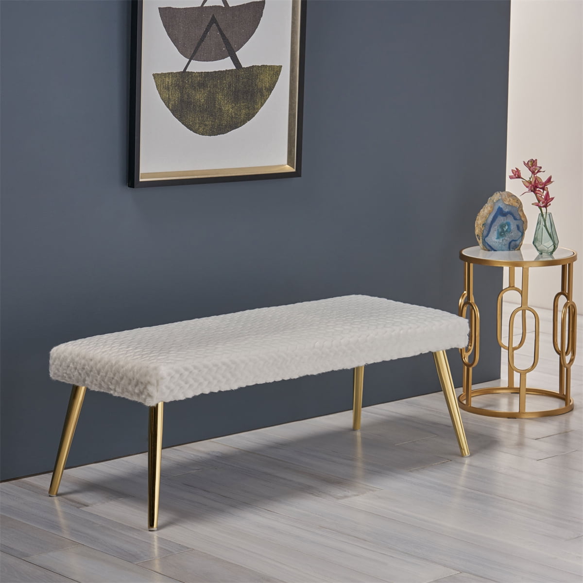 Fur Upholstered Bench Ottoman with Metal Legs, Modern End of Bed Bench ...