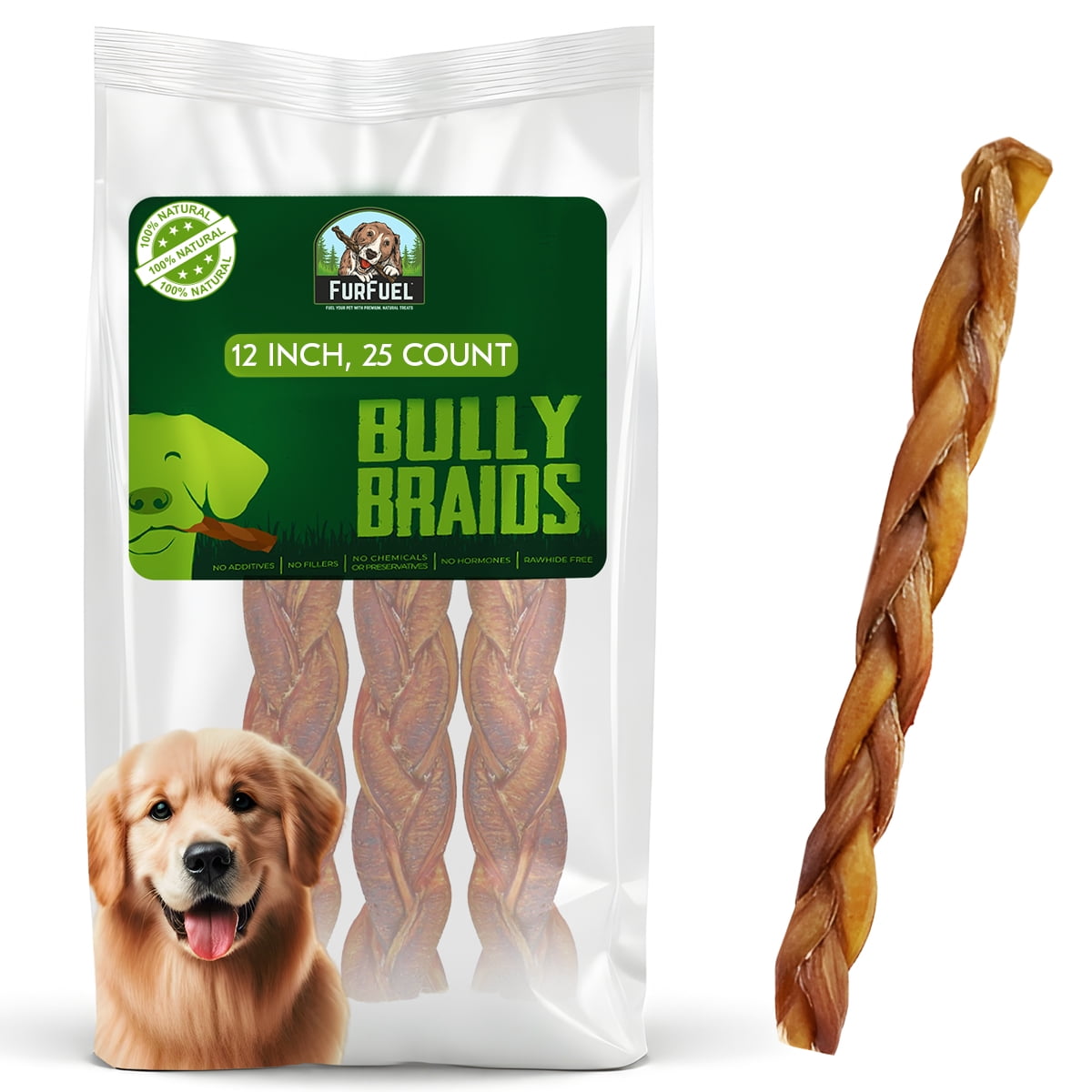 FurFuel Braided Bully Sticks for Dogs, 25 Pack. 12 Inch Large Braids ...