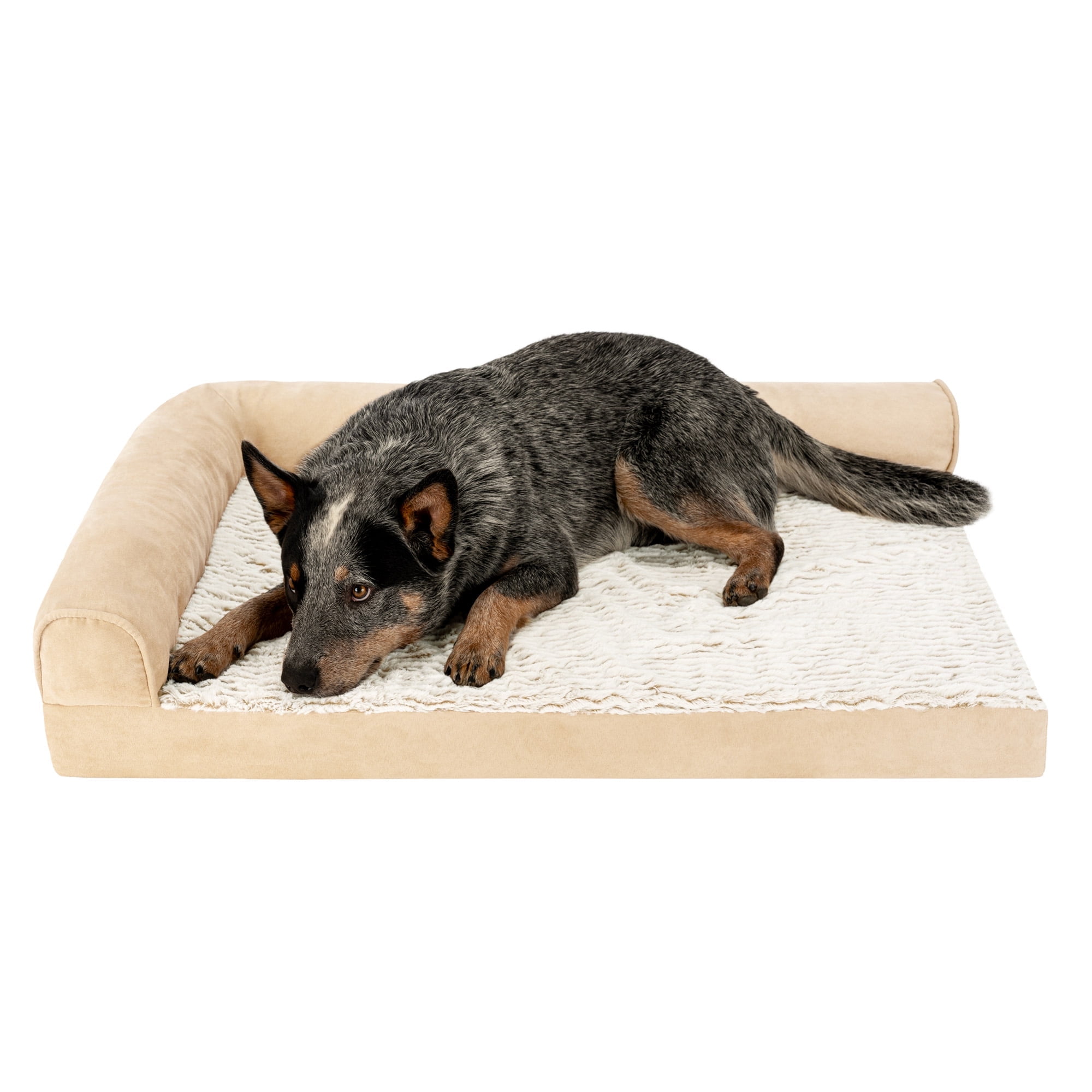 FurHaven Embossed Faux Fur & Suede Orthopedic Deluxe L-Chaise Pet Bed ...