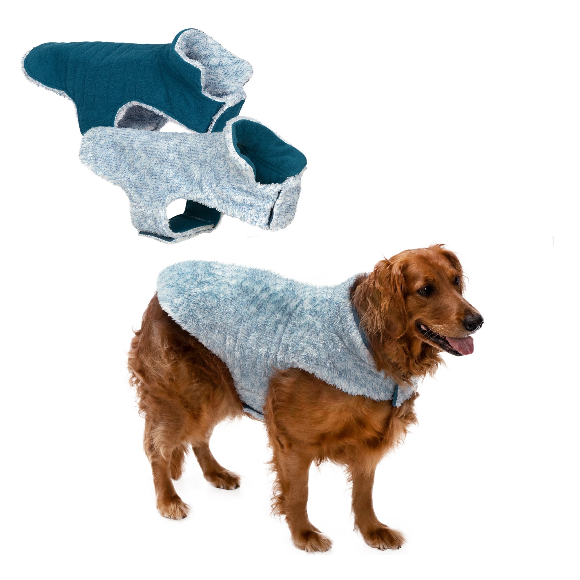 FurHaven Flex-Fit Reversible Two-Tone Fur Dog Coat - Large, Marine Blue ...