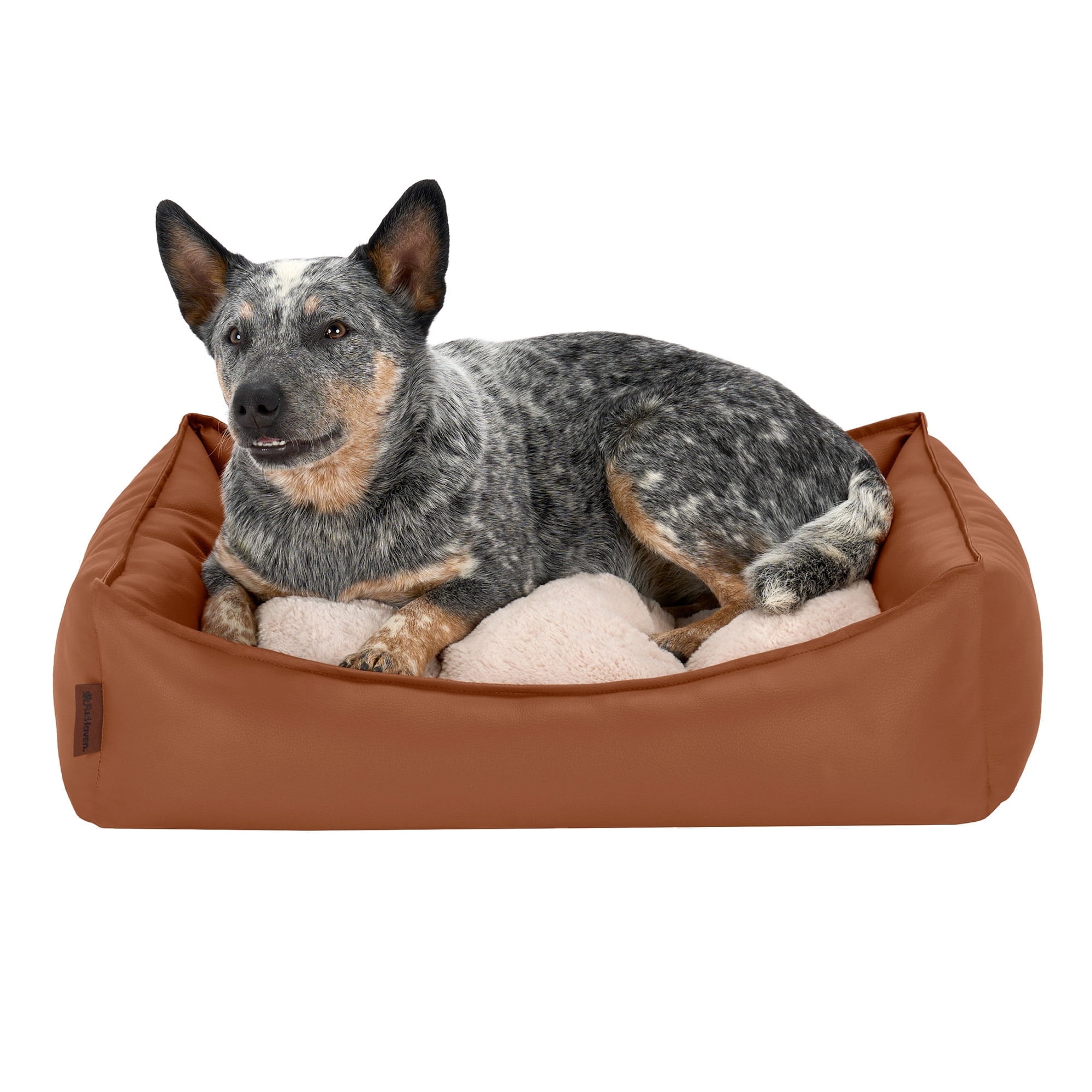FurHaven Leather Look Cozy Couch Pet Bed for Dogs and Cats - Camel ...