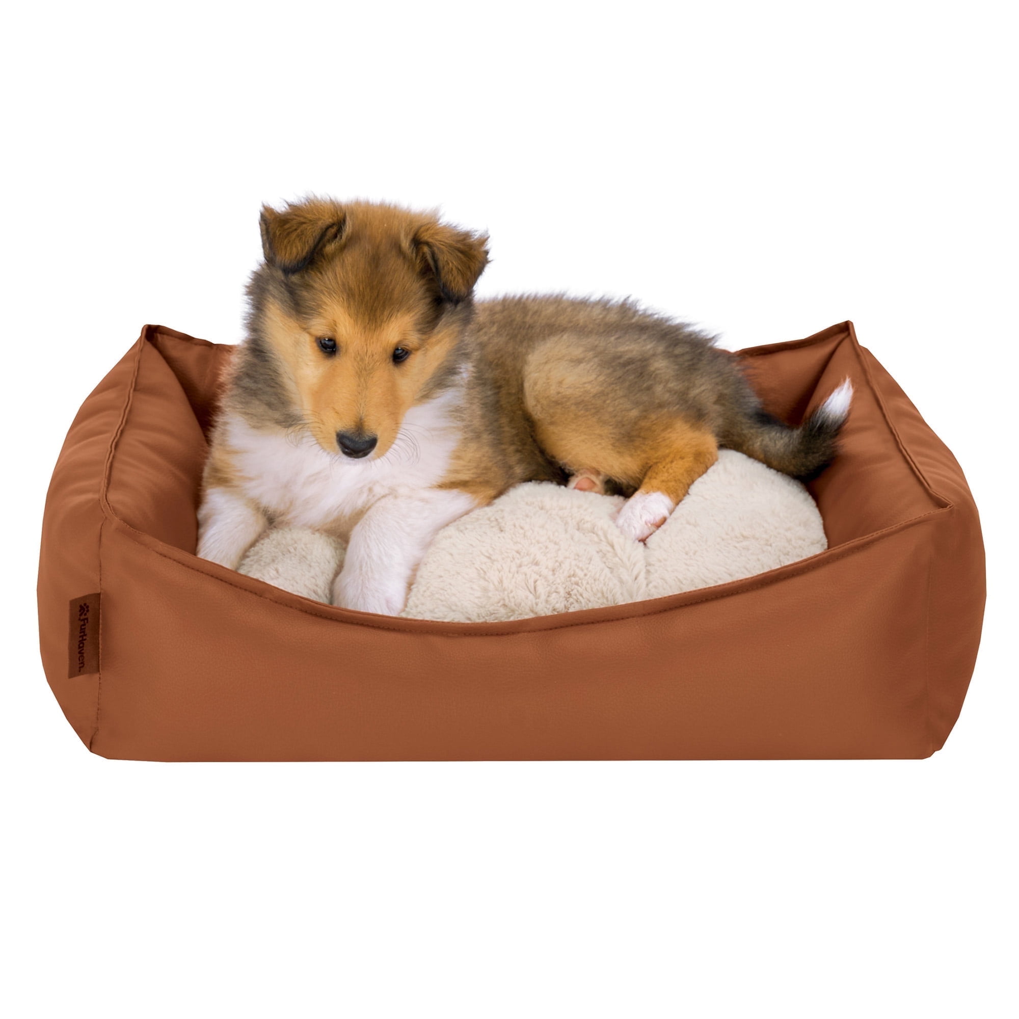 FurHaven Leather Look Cozy Couch Pet Bed for Dogs and Cats - Camel ...