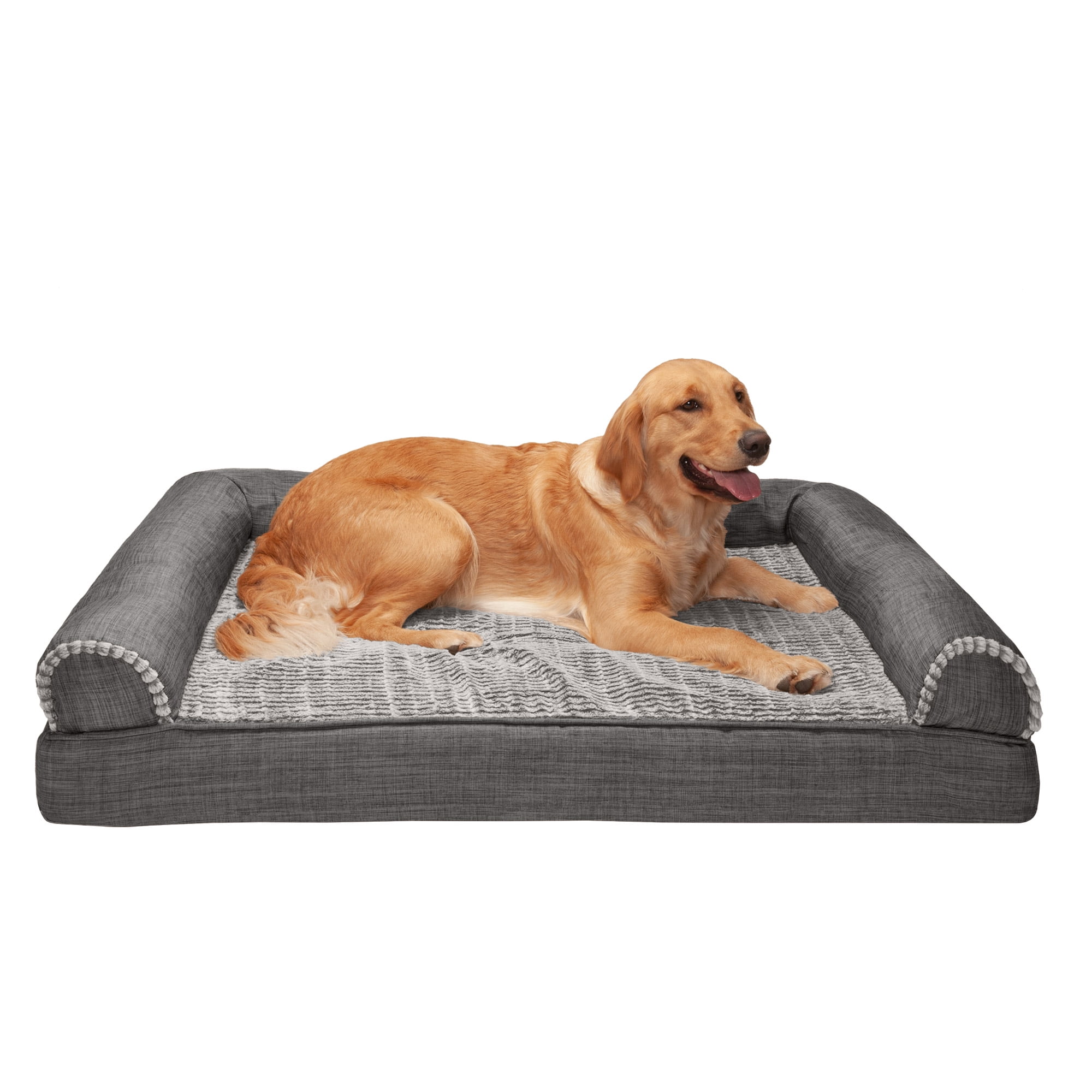 FurHaven Luxe Fur & Linen Gel Top Sofa Pet Bed for Dogs & Cats ...