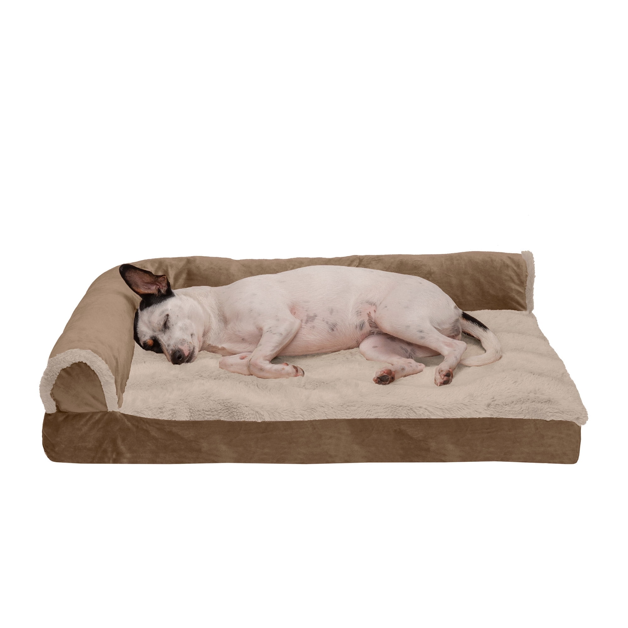 FurHaven Wave Fur & Velvet Memory Foam Deluxe L-Chaise Pet Bed for Dogs ...