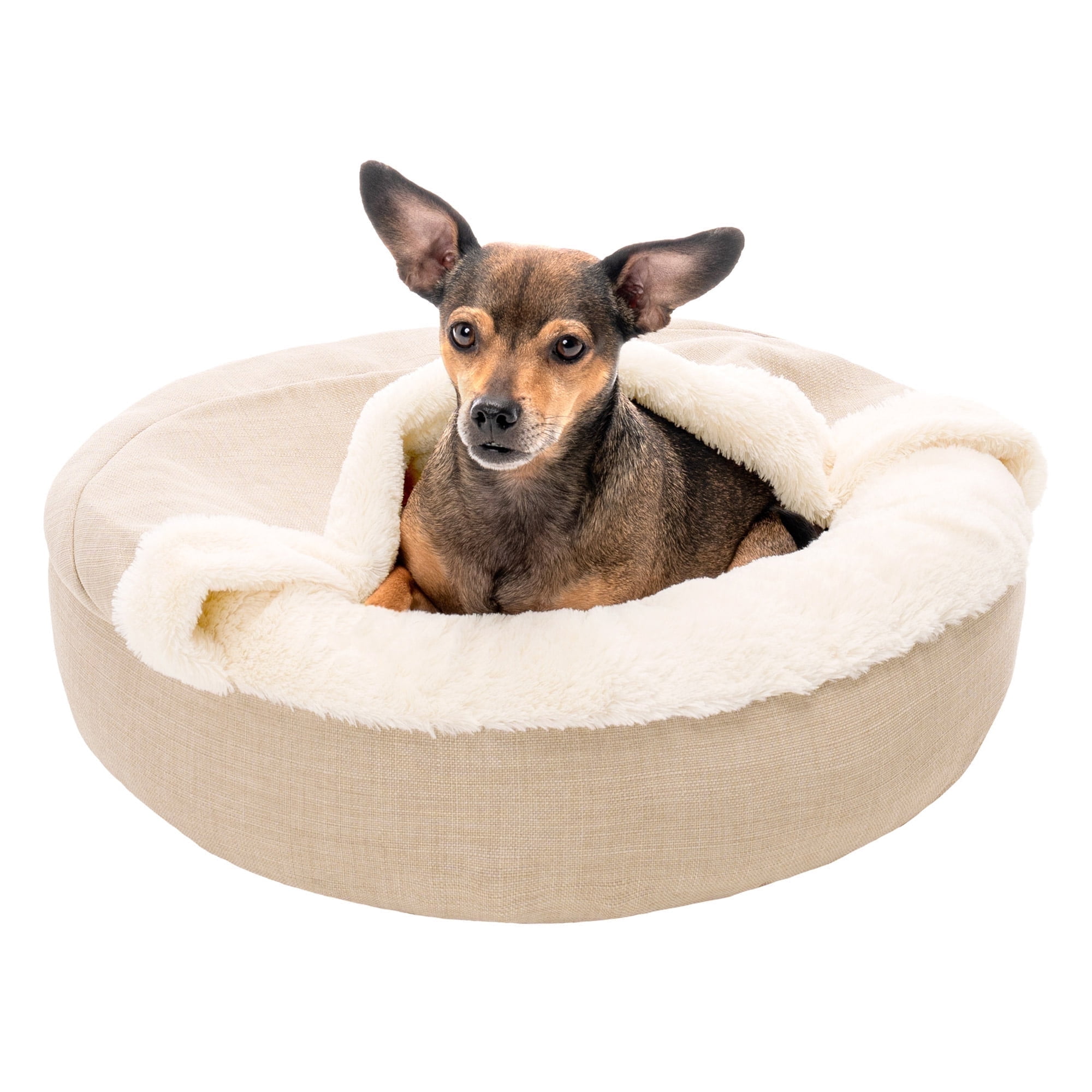 FurHaven Pet Products Plush & Performance Linen Hooded Doughnut Pet Bed ...