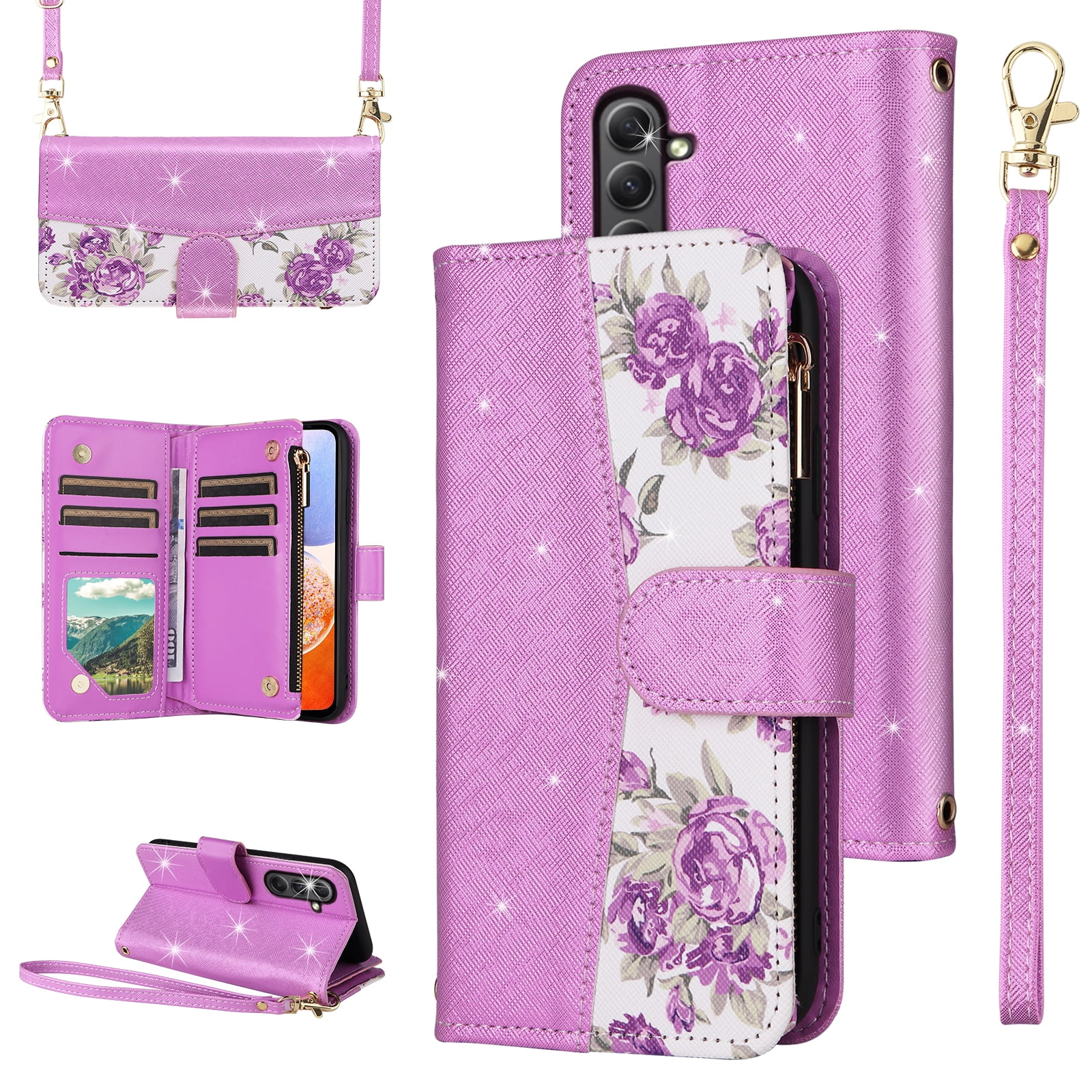 Furiet for Samsung Galaxy A15 5G/4G Floral Wallet Case with Flip Zipper Purse Wrist Strap ...