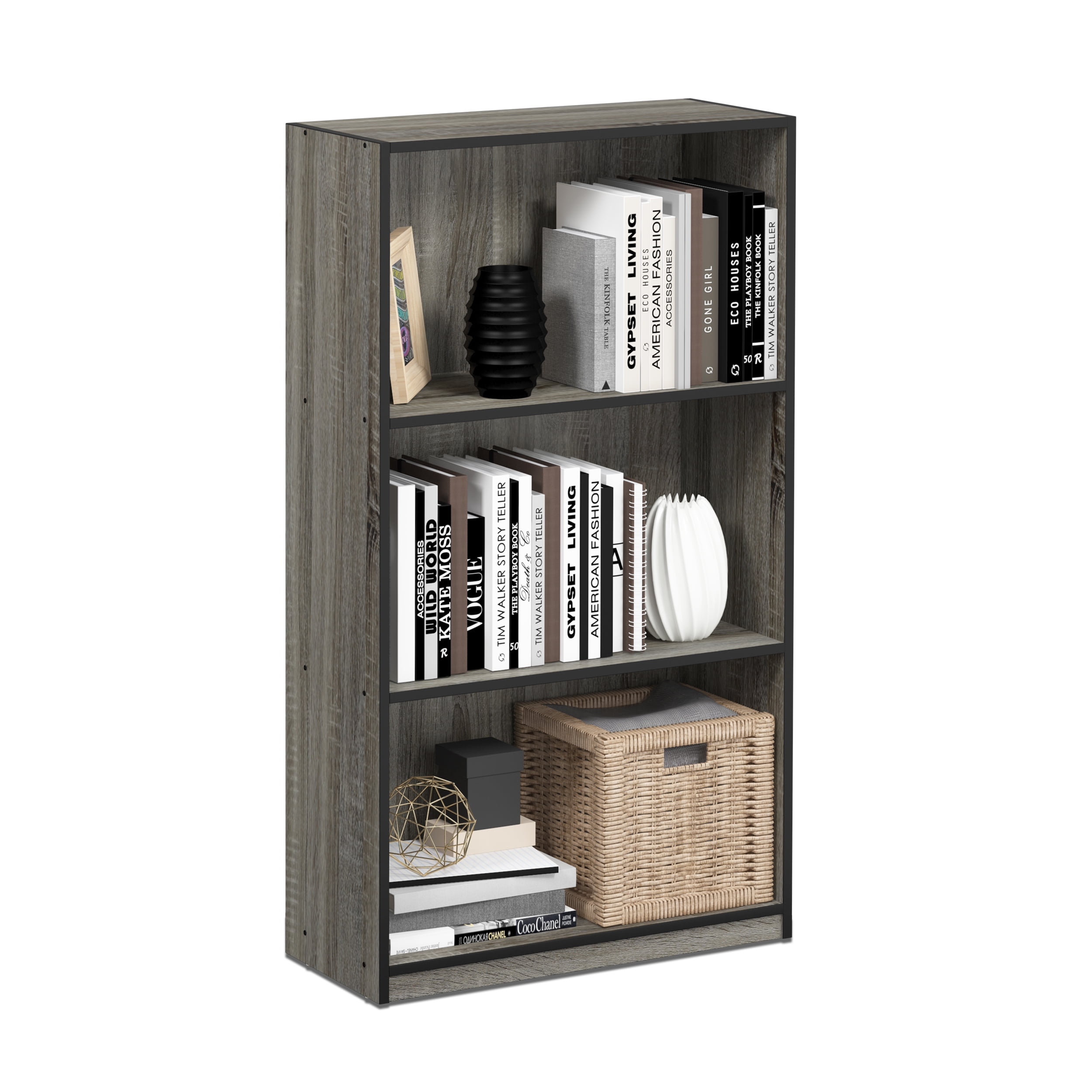 Furinno Basic 3-Tier Bookcase Storage Shelves, French Oak Grey/Black ...