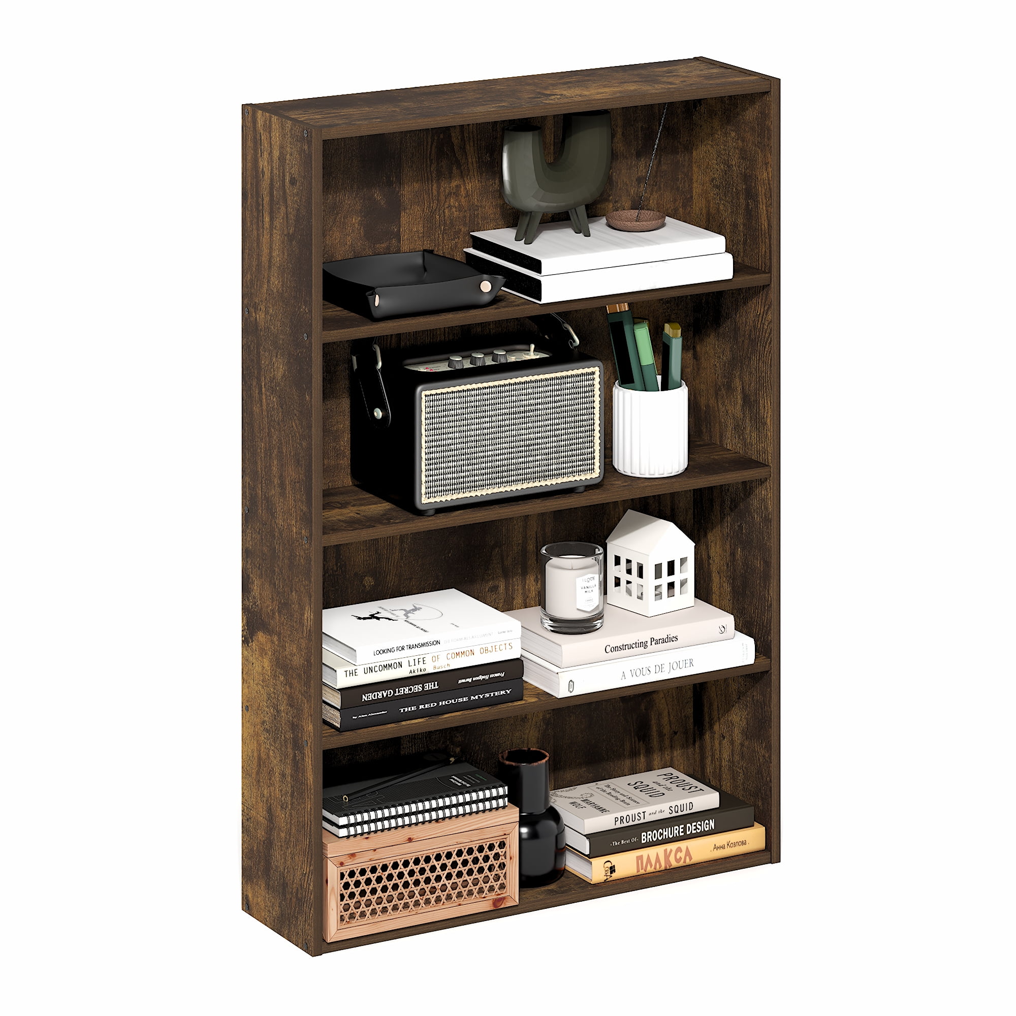 Furinno Basic 4-Tier Open Shelf Bookcase, Bookshelf, Storage Organizer, 6 x 24 x 35, Amber Pine ...