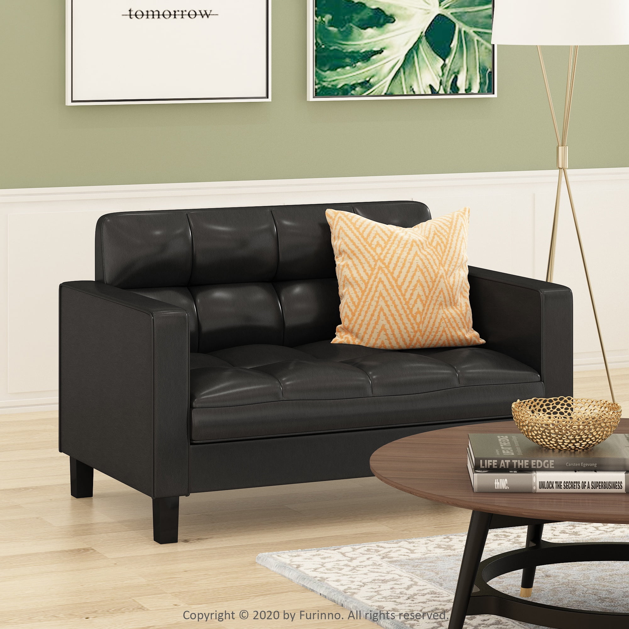 Furinno Brive Contemporary Tufted Loveseat Black Faux Leather
