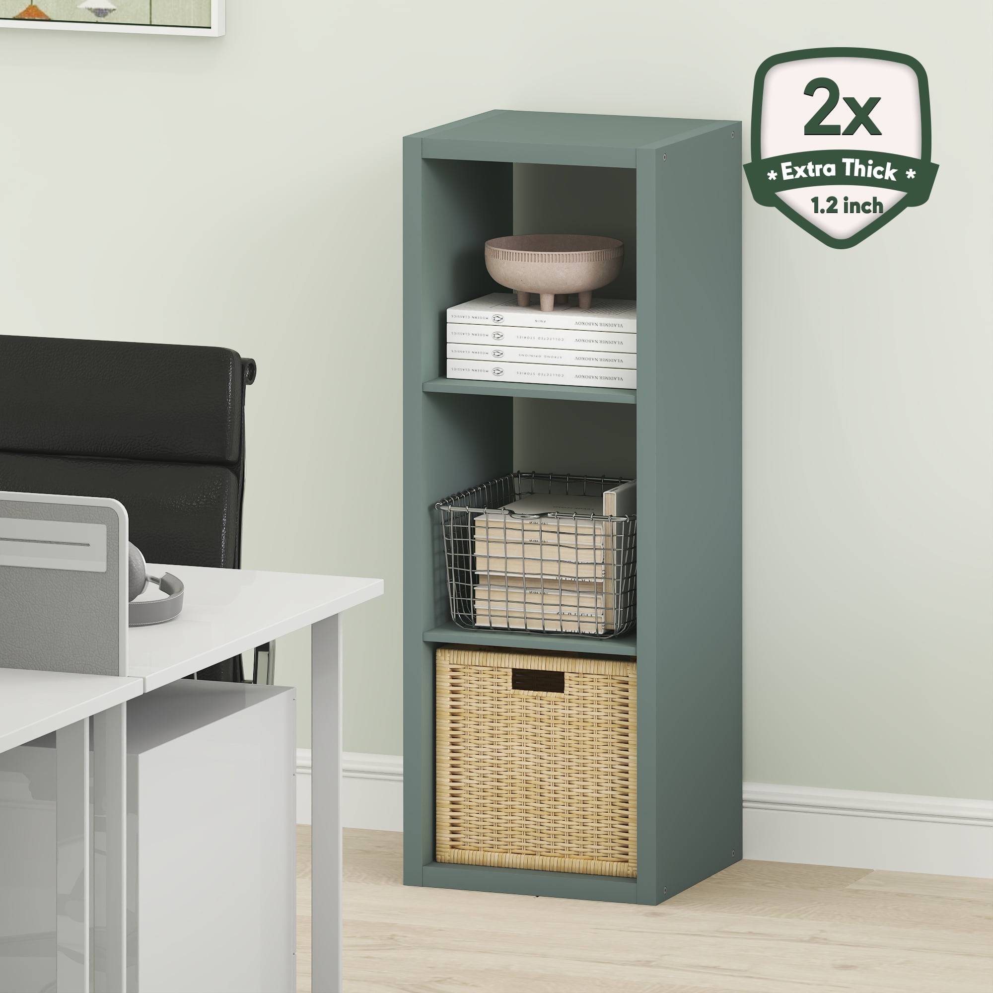 Furinno CUBICLE 3-Cube Thick Frame Reversible Open Back Bookcase Sage ...