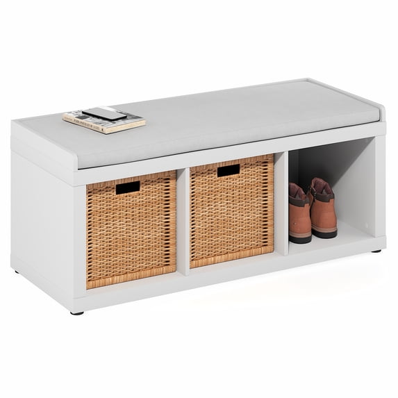 Furinno CUBICLE 3-Cube Storage Bench with Comfy Cushion in White ...