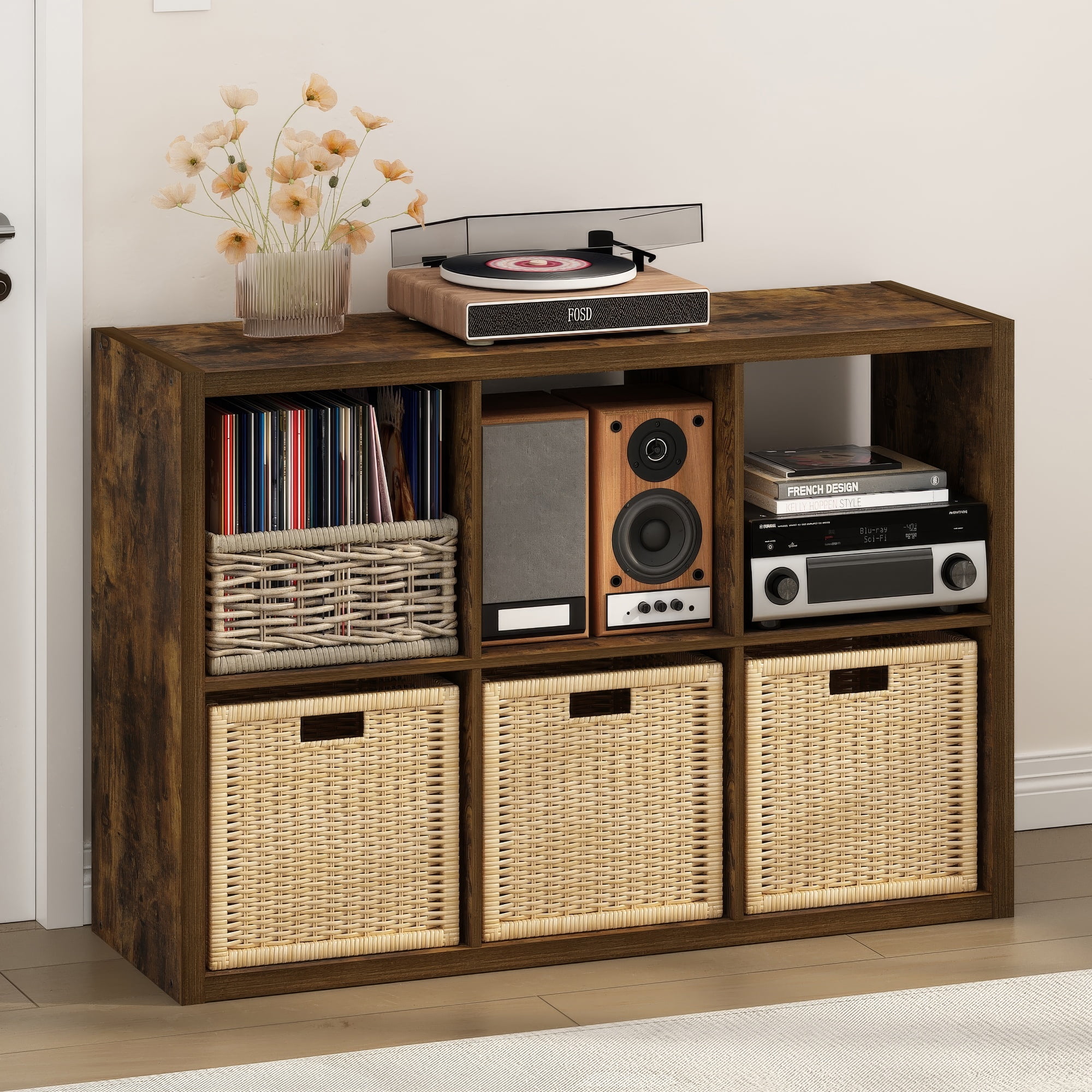 Furinno CUBICLE Vintage Vinyl Record Media Storage Organizer 6-Cube ...