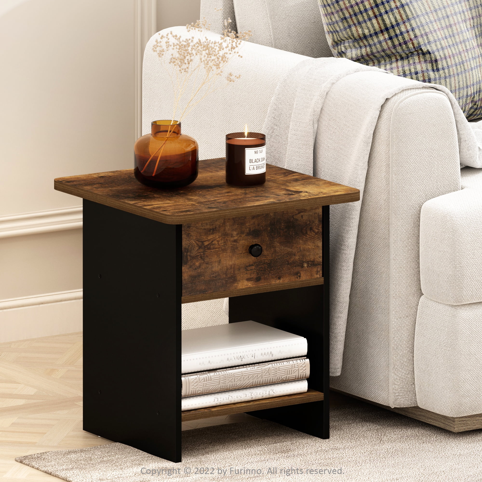 Furinno Dario End/Night Stand with Storage Bin Drawer, Amber Pine/Black ...