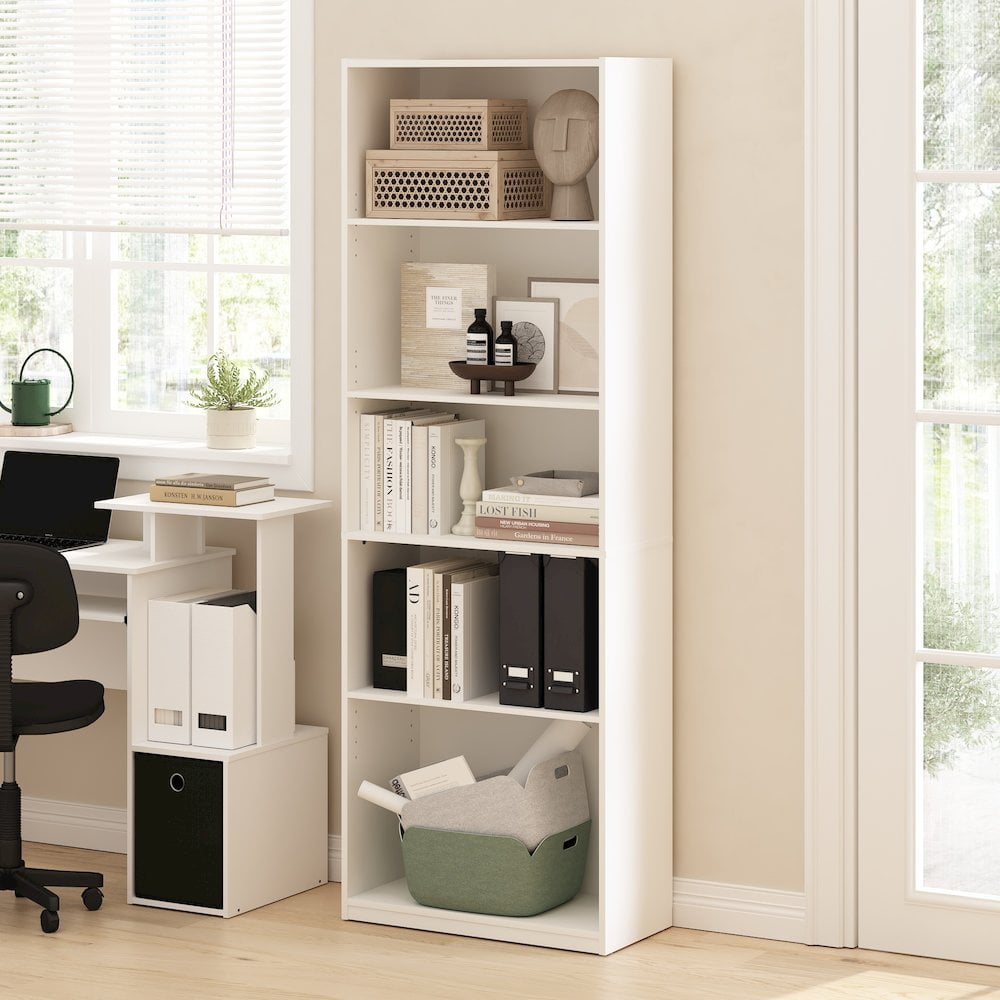 Furinno Gehry 5-Tier Bookcase, Bookshelf with Adjustable Shelves, White ...