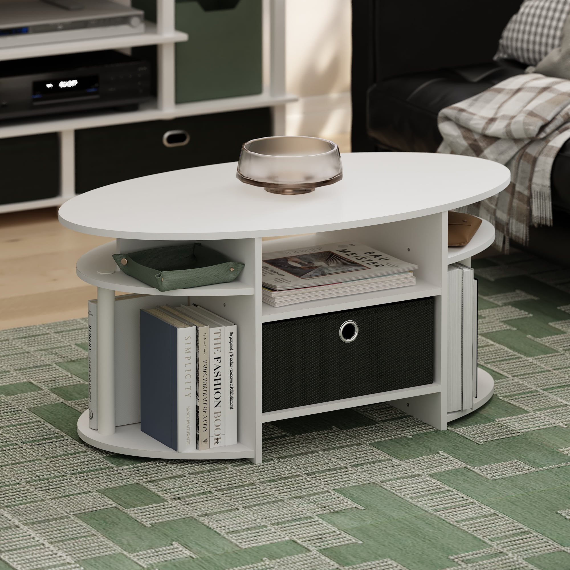 Furinno JAYA Simple Design Oval Coffee Table with Bin in White/White/Black - Walmart.com