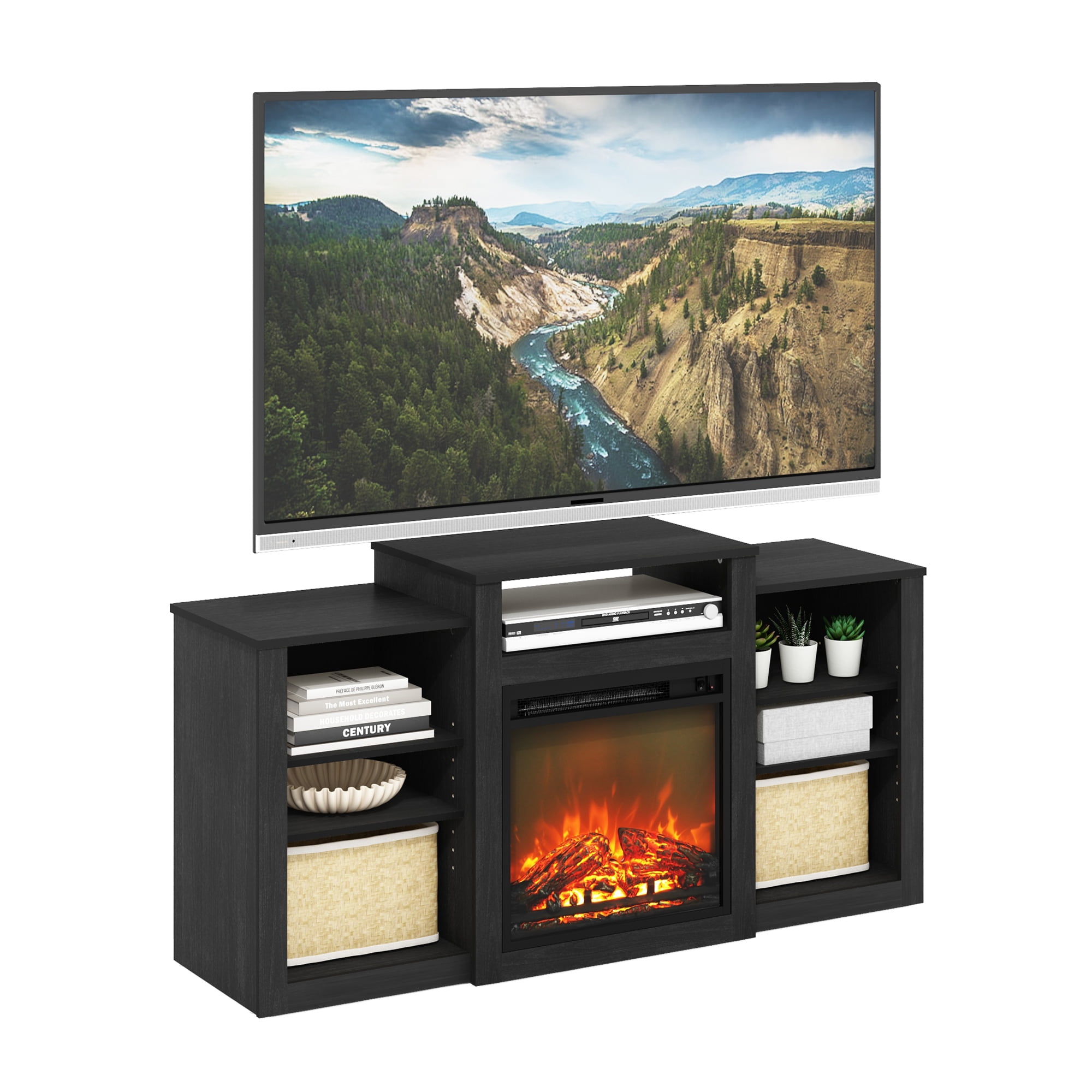 Furinno JENSEN Fireplace TV Entertainment Center up to 55 Inch Dark ...