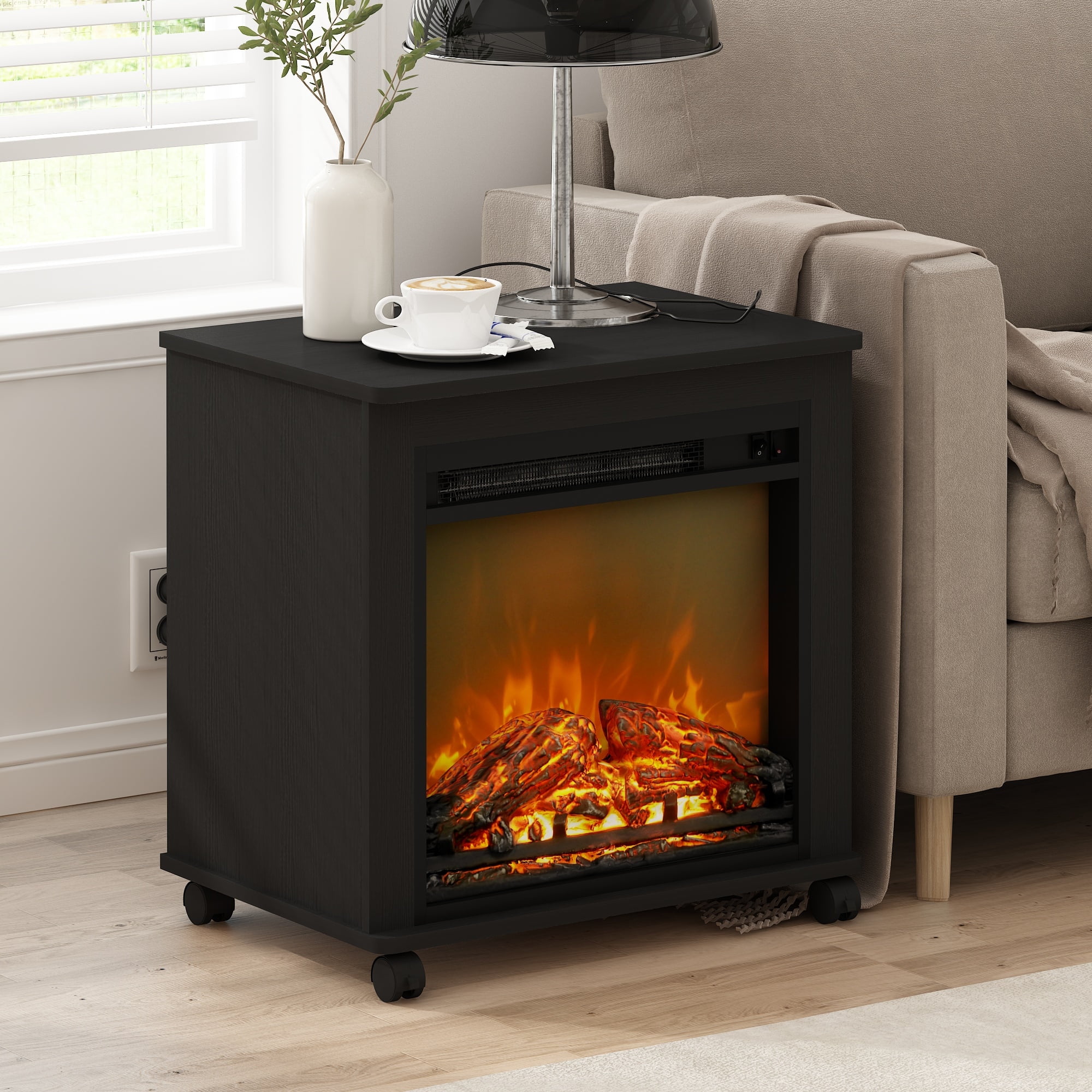 Furinno Jensen Electric Fireplace End Table with Wheels, Americano ...