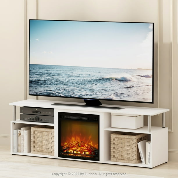 Furinno Jensen Fireplace Entertainment Center for TV up to 70 Inch with Stainless Steel Tubes White Oak Chrome Walmart Business Supplies