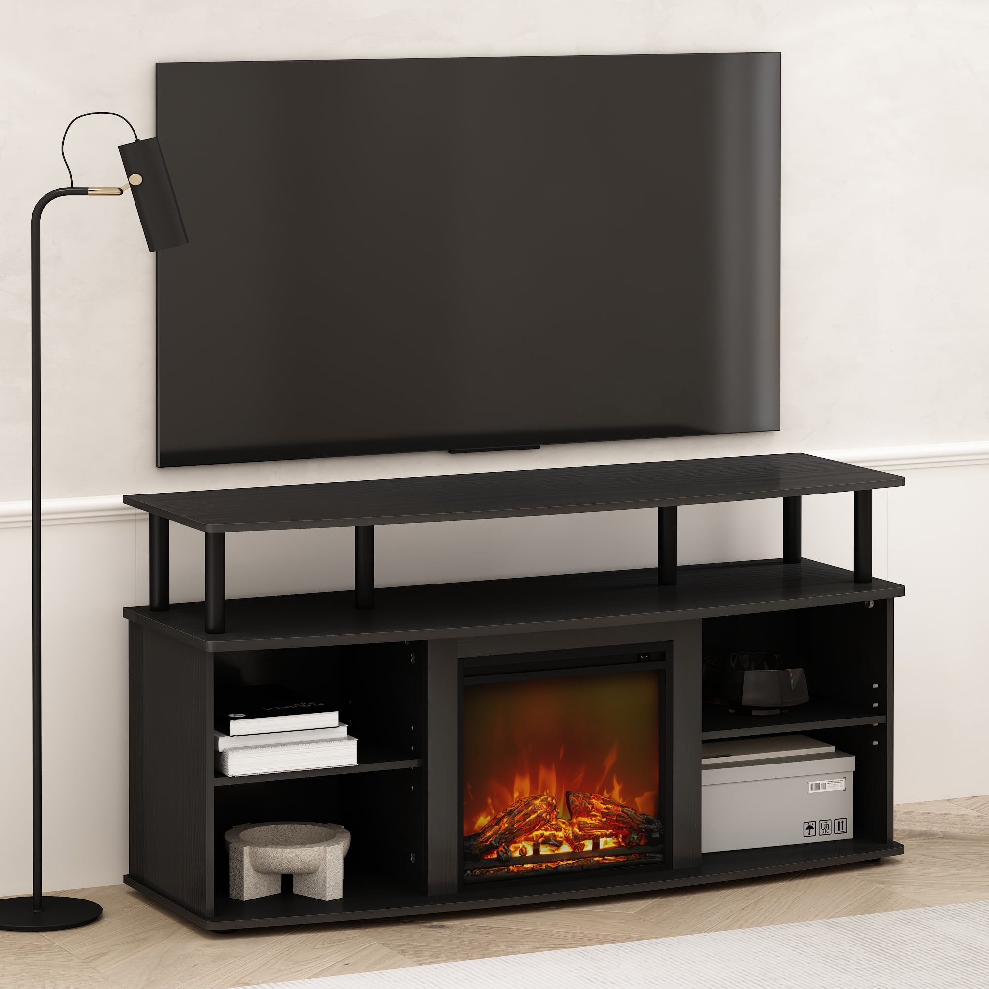 Furinno Electric Fireplace TV Stand for 55 Inch with Cozy Flame Effect ...