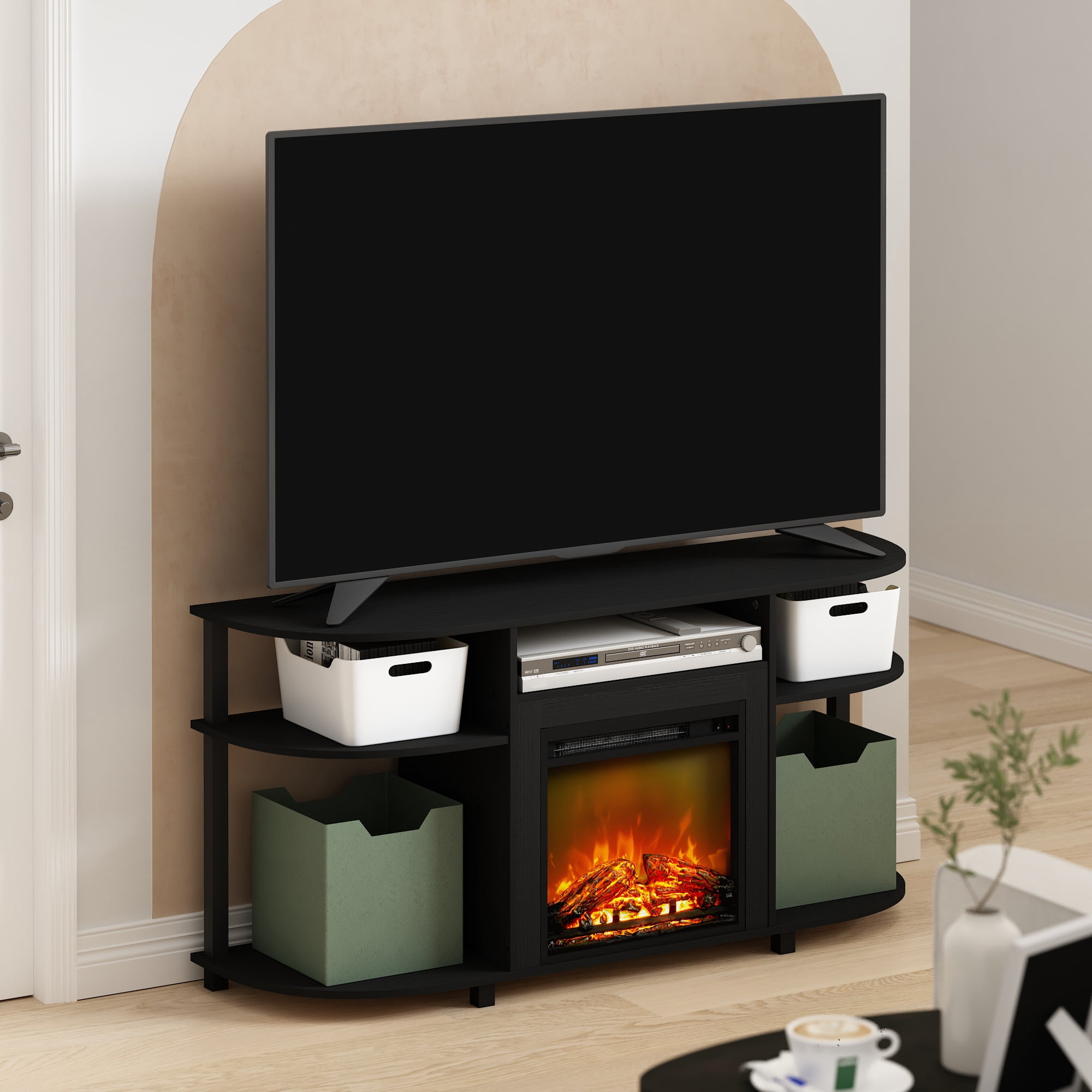 Furinno Jensen Entertainment Stand with Fireplace, Open Storage, for ...