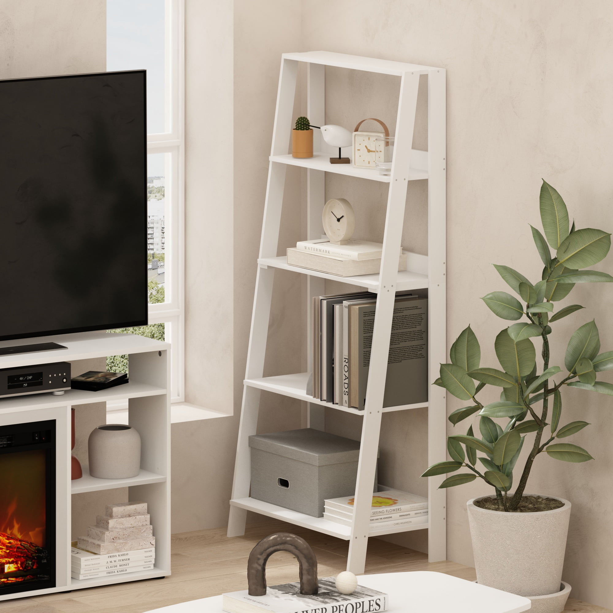 Furinno LADDER 5-Tier Ladder Display Storage Shelves in Plain White ...