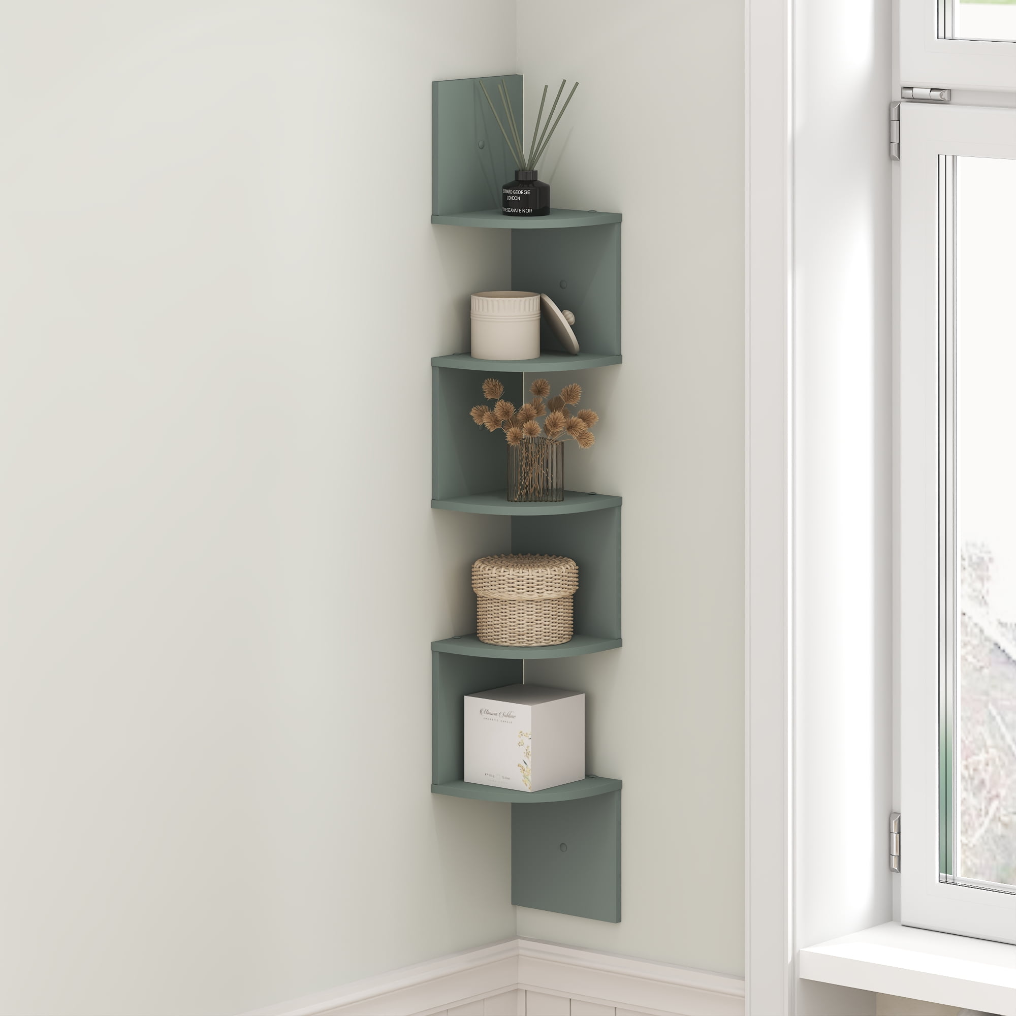 Furinno ROSSI 5-Tier Zigzag Corner Wall Shelf Floating Bookcase in Sage ...
