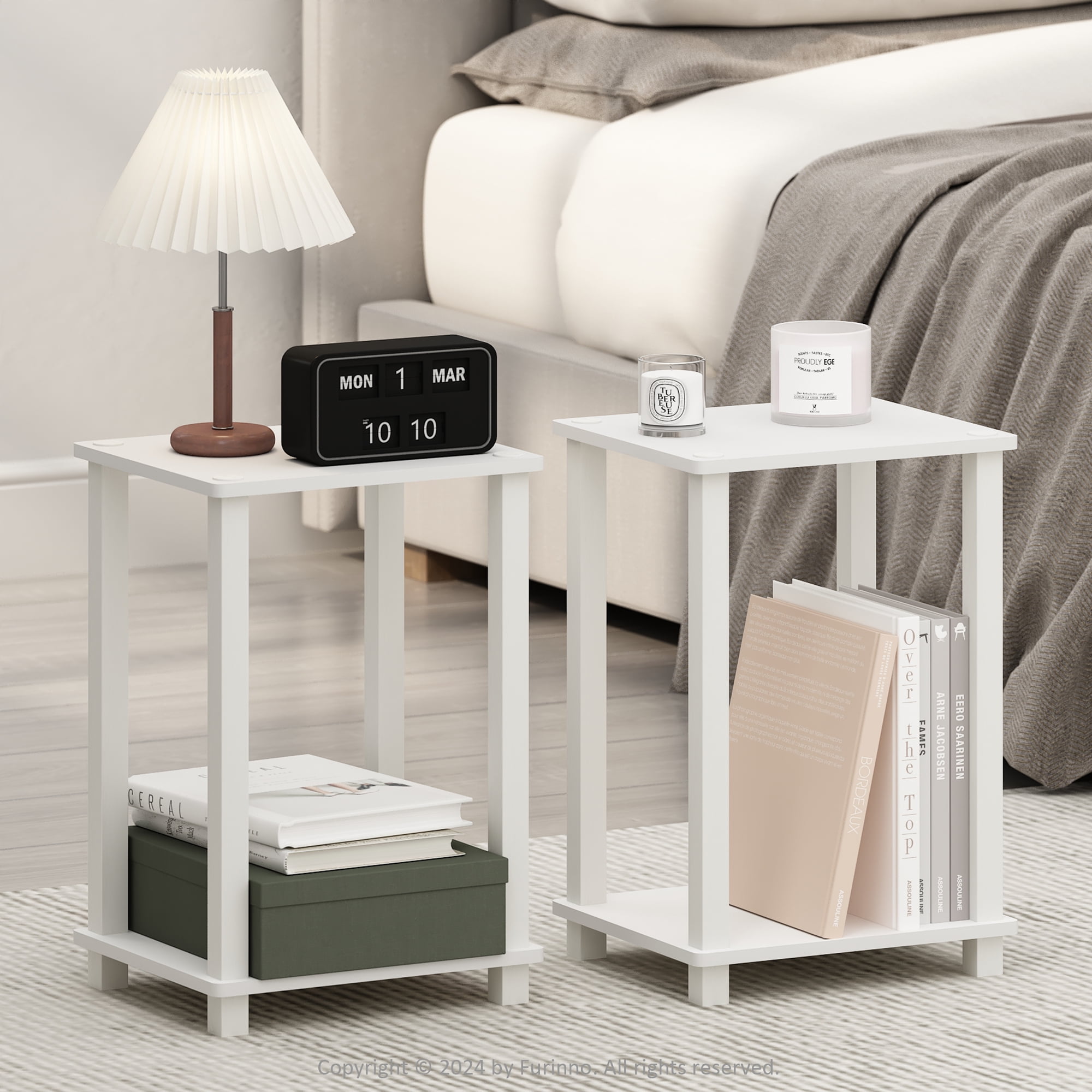 Furinno Simplistic Compact Bedside Table, Nightstand, White/White, Set ...