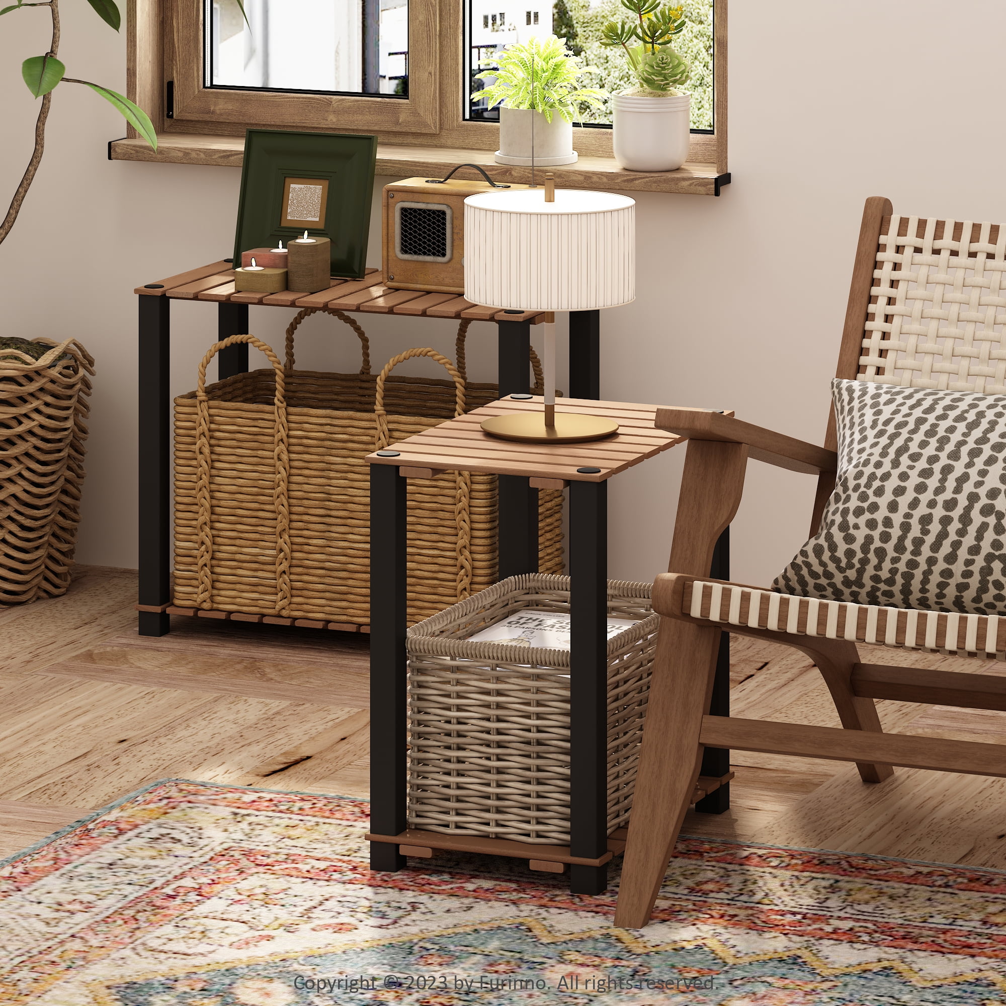 Furinno Turn-N-Tube 2-Tier Wood Slat Small Rectangle End Table with ...