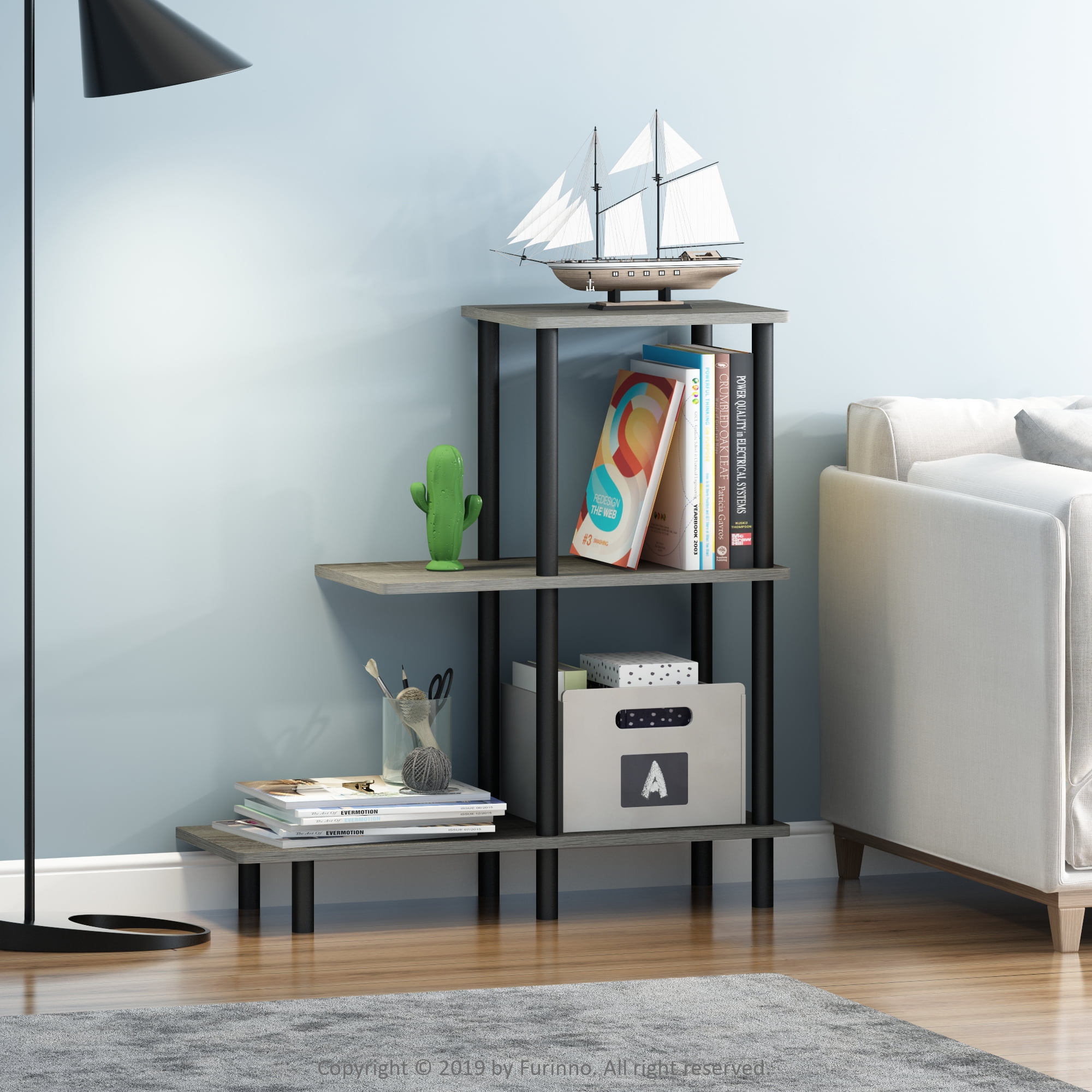 Furinno Turn-N-Tube 3-Tier Sofa Side Table Tall, French Oak/Black ...