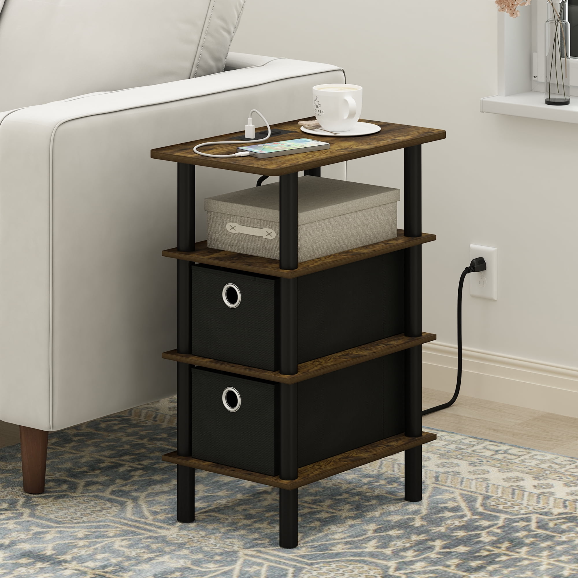 Furinno Turn-N-Tube 4-Tier Side Table, End Table, Nightstand with Bin ...