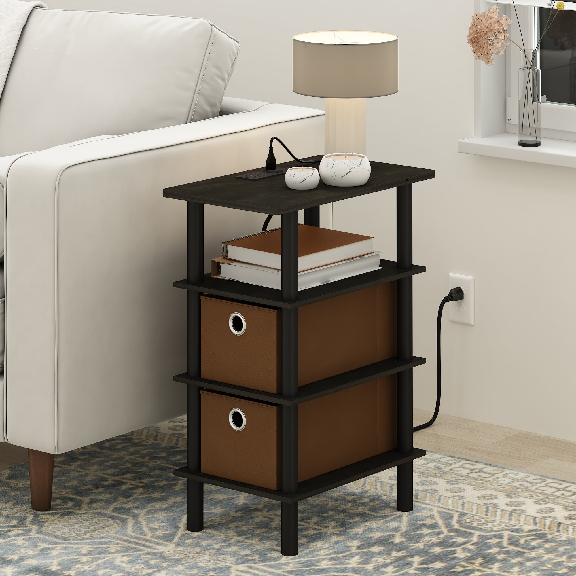 Furinno Turn-N-Tube 4-Tier Side Table, End Table, Nightstand with Bin ...