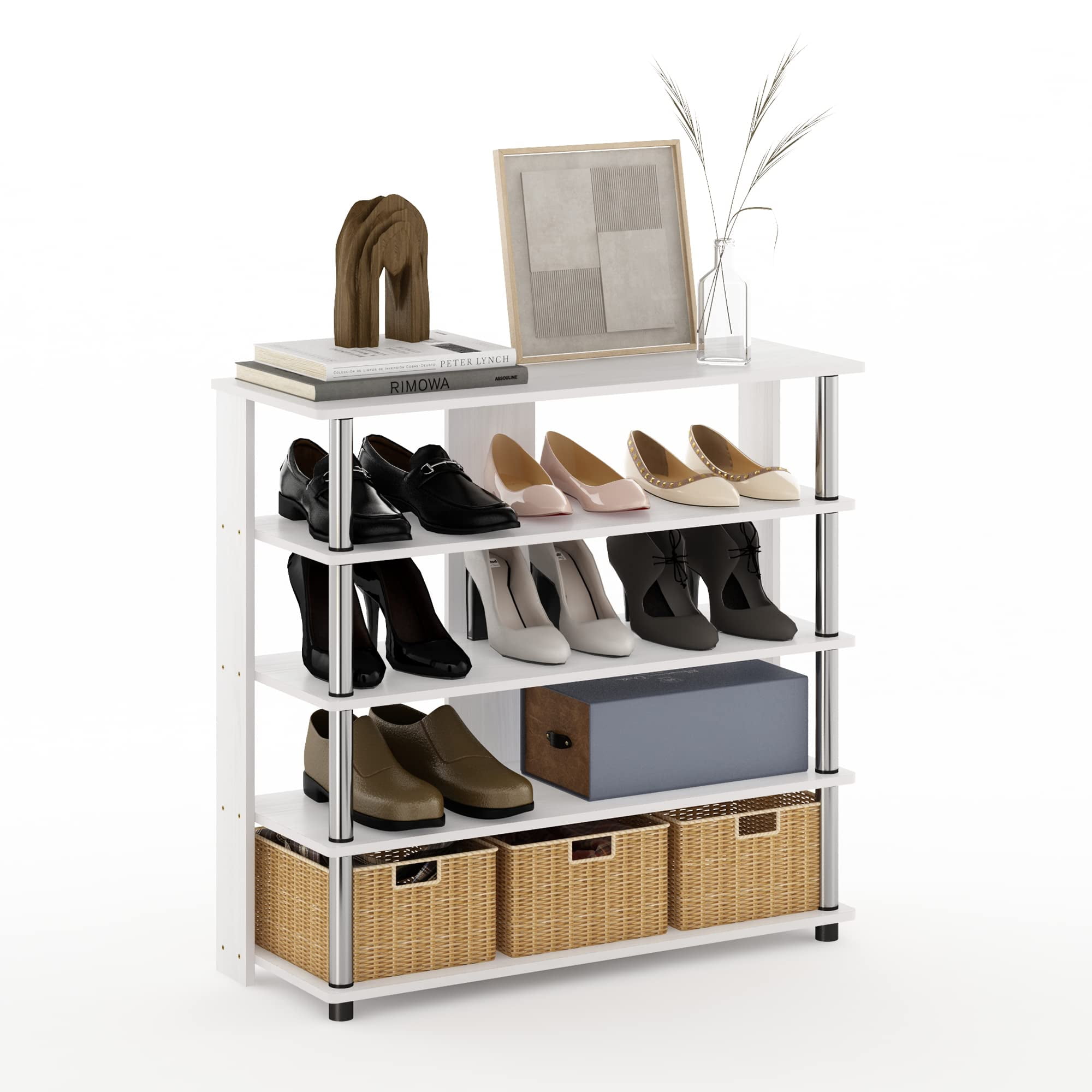 Furinno Turn-N-Tube 5 Tier Wide Shoe Rack, White Oak, Stainless Steel ...